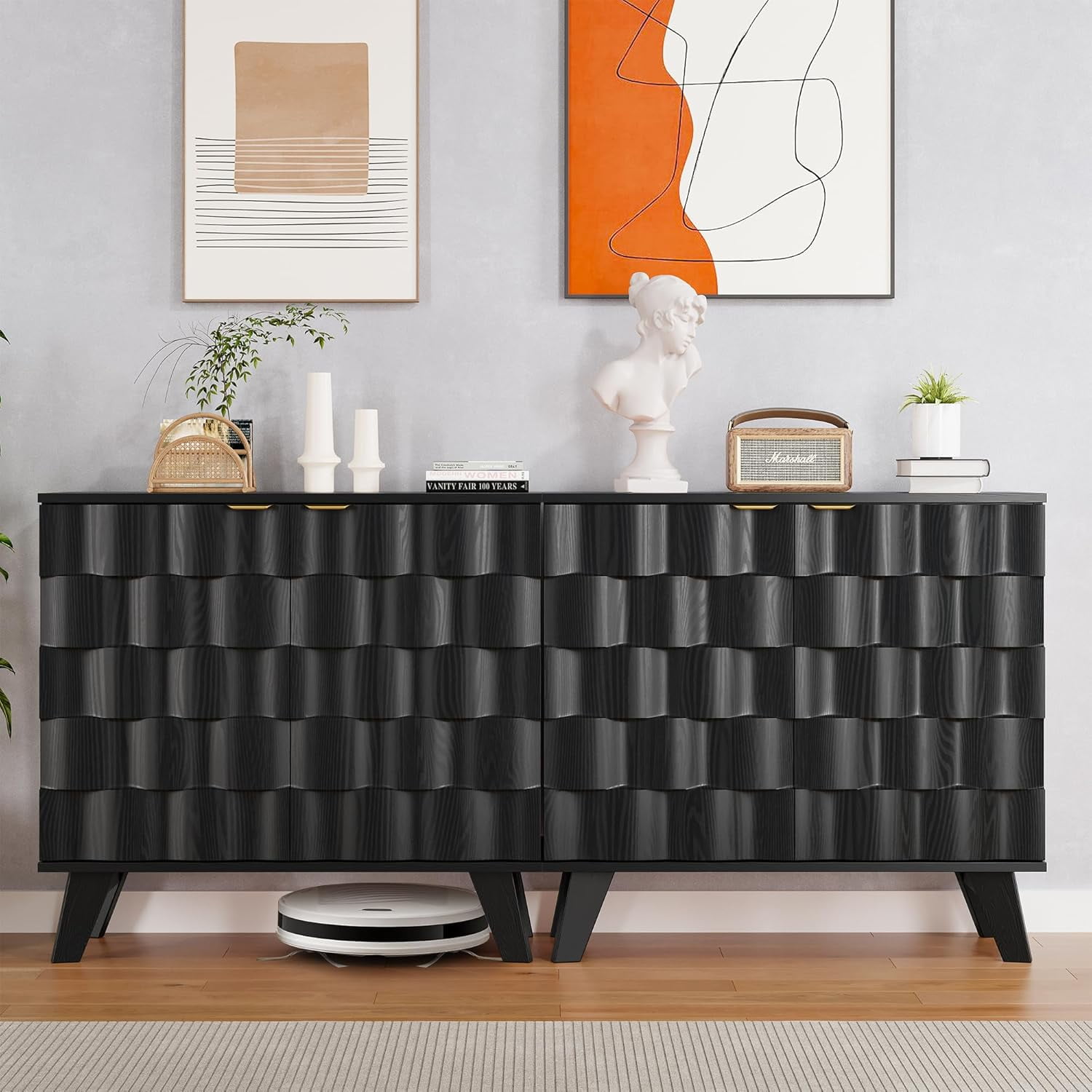 Fluted Storage Cabinet Sideboard Buffet Cabinet with Adjustable Shelf ...