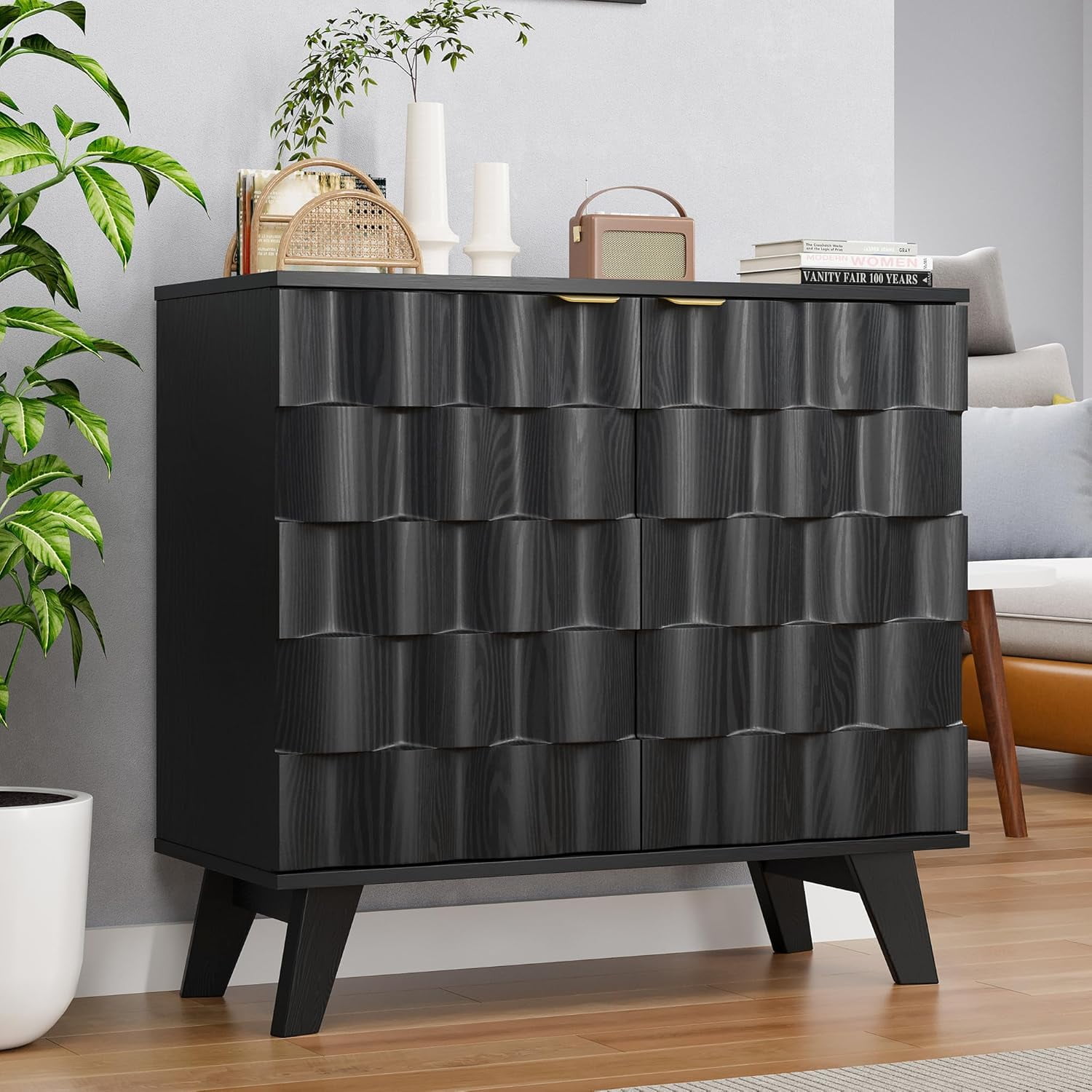 Fluted Storage Cabinet Sideboard Buffet Cabinet with Adjustable Shelf and Metal Handles Console ...