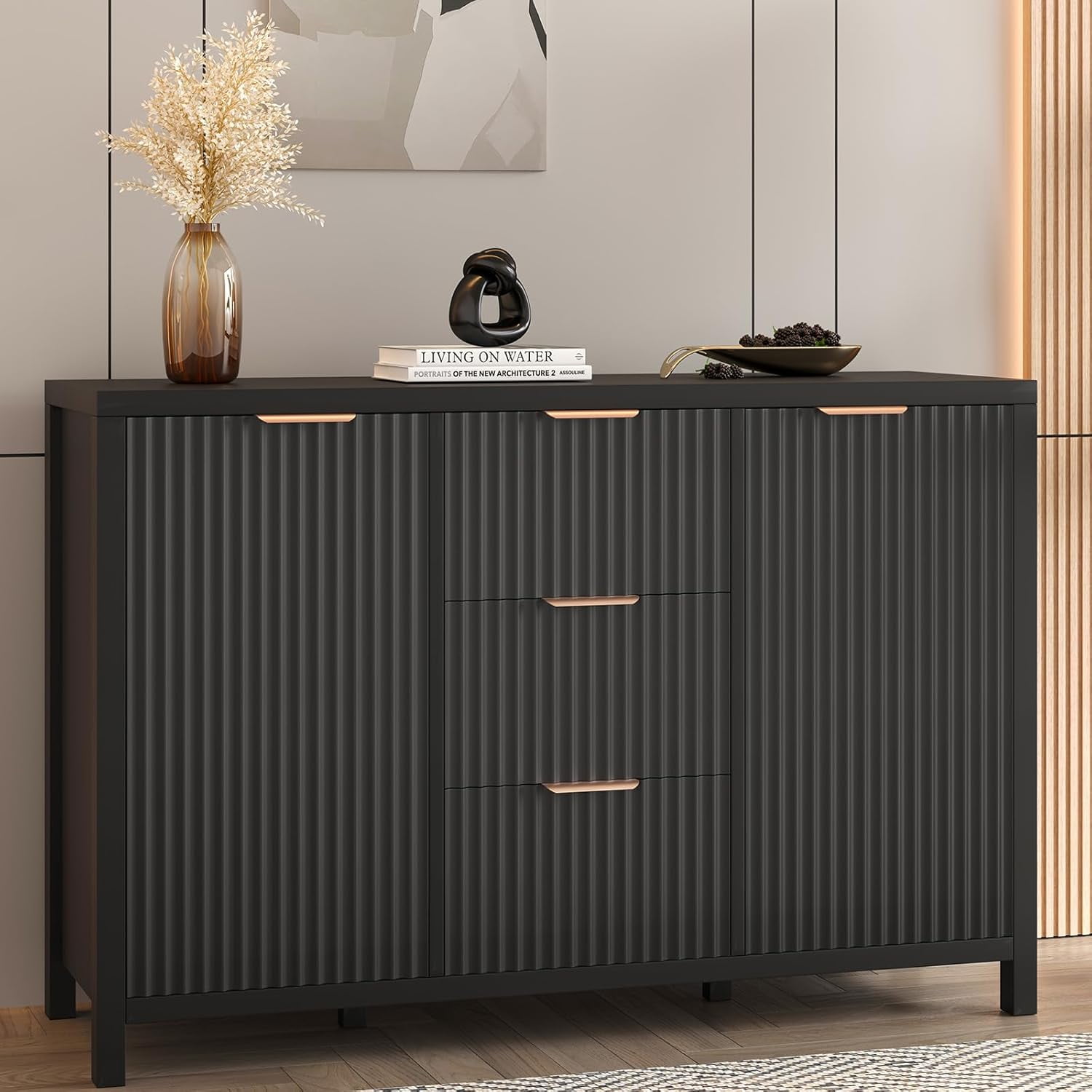 Fluted Storage Cabinet, Sideboard Buffet with Storage, 2 Door 3 Drawer ...