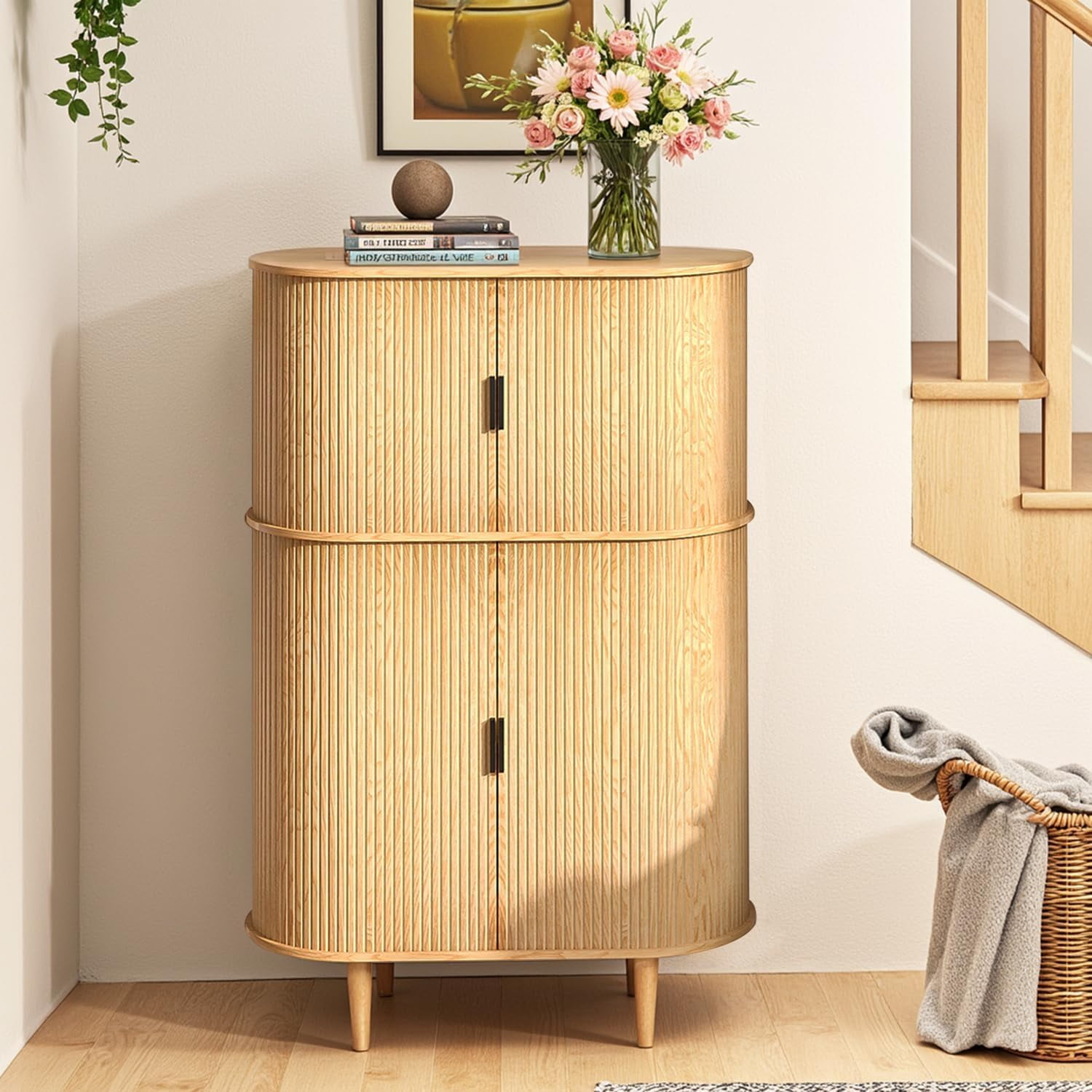 Fluted Storage Cabinet, Tall Credenza Sideboard Buffet, Console Cabinet ...