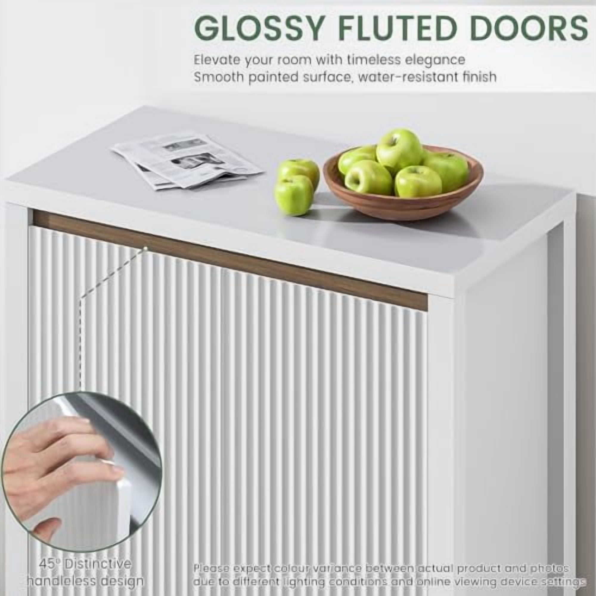 Fluted Storage Cabinet, White Buffet with Storage Adjustable Shelves ...