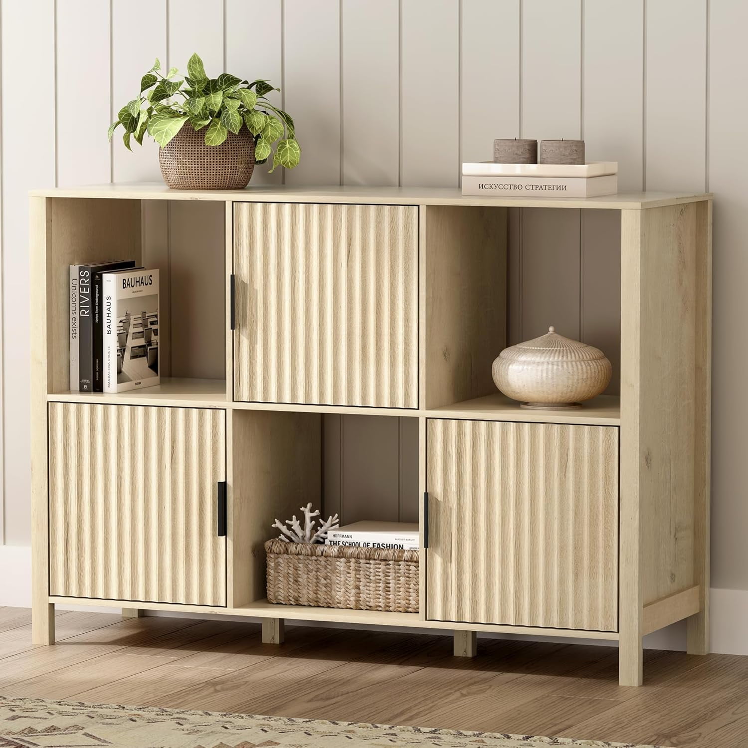 Fluted Storage Organizer Bookshelf, Modern Cube Bookcase with 3 Open ...