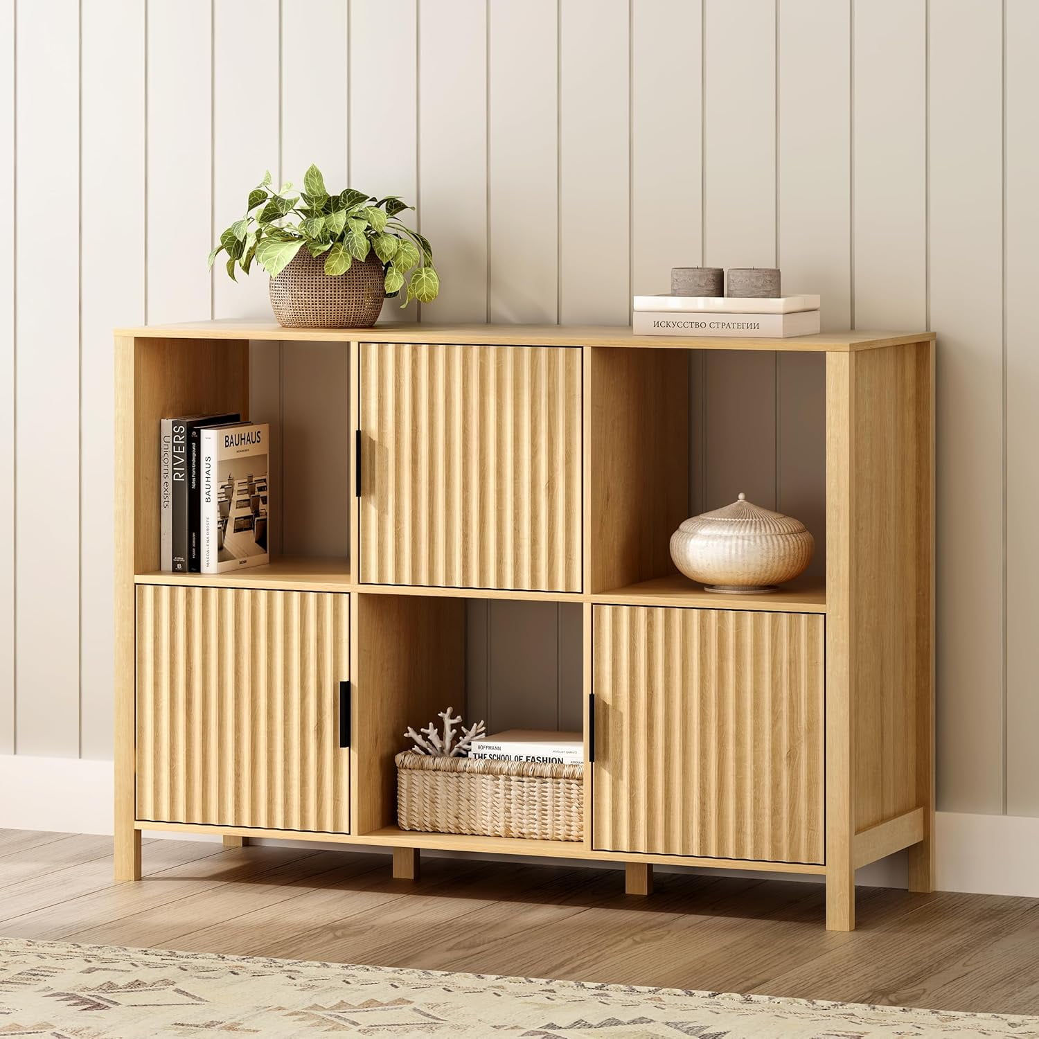 Fluted Storage Organizer Bookshelf, Modern Cube Bookcase with 3 Open ...