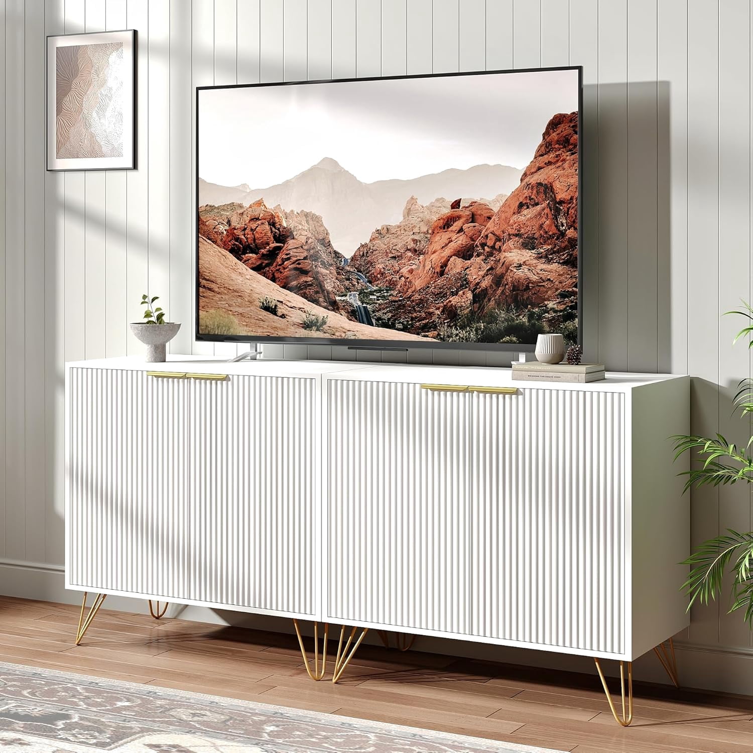 Fluted TV Stand for 60 Inch TV, Modern TV Stand, White Entertainment ...