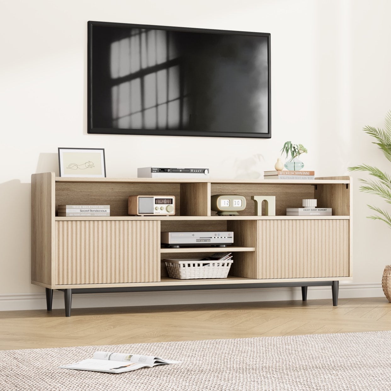 Fluted TV Stand for 70 Inch, Modern Entertainment Center with Sliding ...