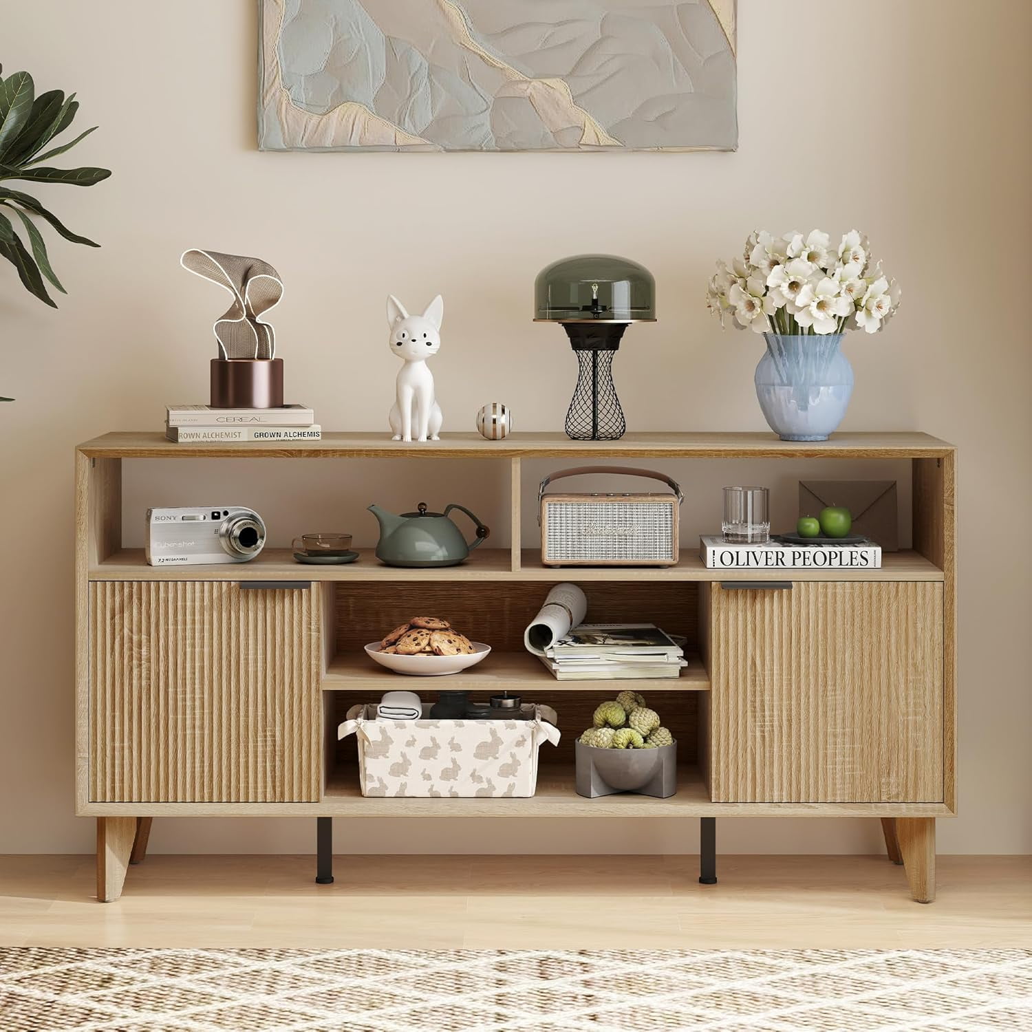 Fluted TV Stand for 70 inch，Entertainment Center with Storage Cabinets ...