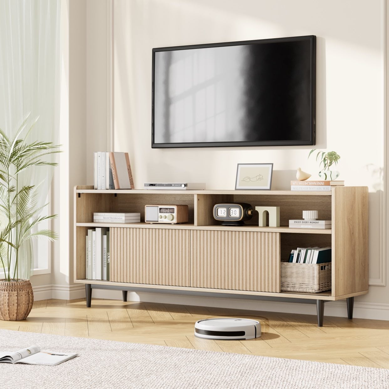 Fluted TV Stand for 70 inch, Modern Entertainment Center with Storage ...