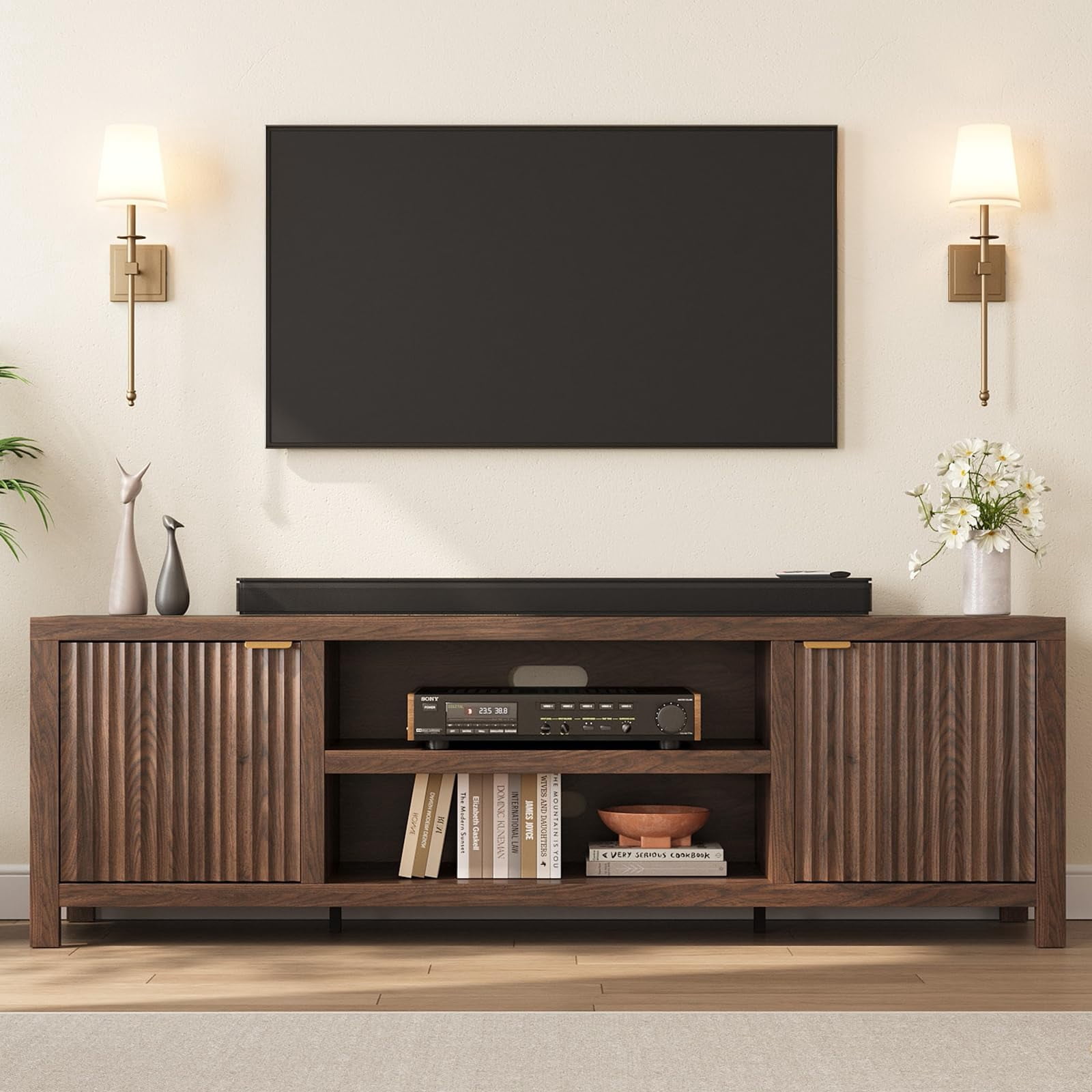 Fluted TV Stand for 75 inch, 70" Wide Natural Oak Entertainment Center ...
