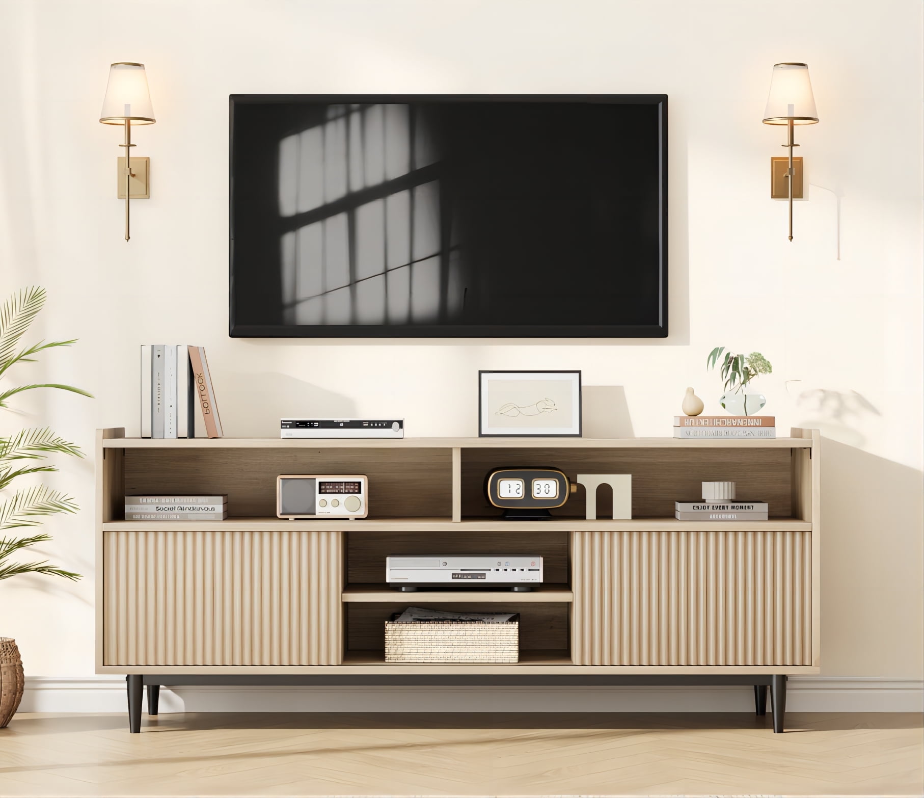 Fluted TV Stand for 75 inch TV, Natural Entertainment Center with 2 ...