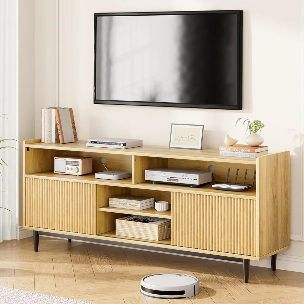 Fluted TV Stand for 80 inch, Wood Entertainment Center with Adjustable ...