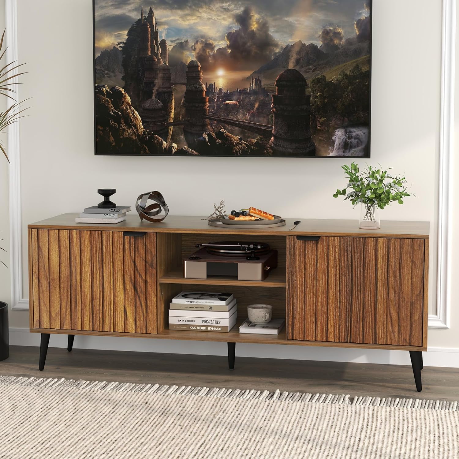 Fluted TV Stand, Mid Century Modern TV Stand for 55/60/65 inch TV, Entertainment Center with ...