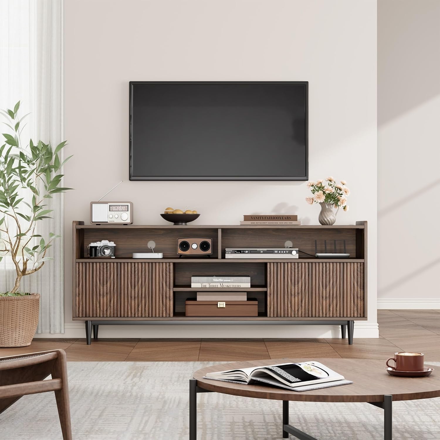 Fluted TV Stand, Modern Entertainment Center with Sliding Doors, Wooden ...