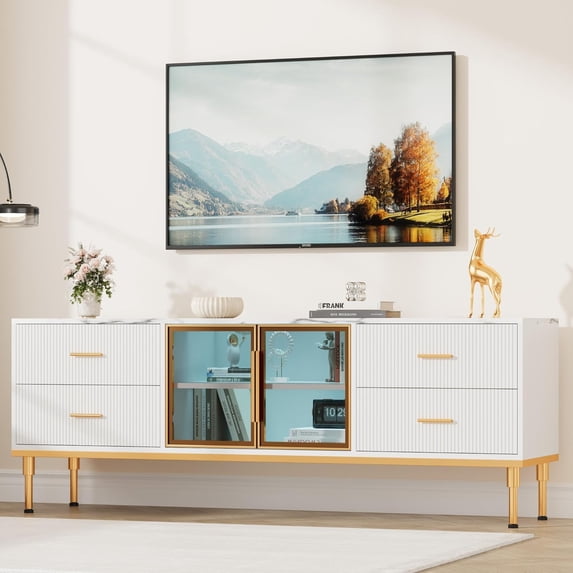 Fluted TV Stand for TVs Up to 75 Inch, Entertainment Center with LED ...