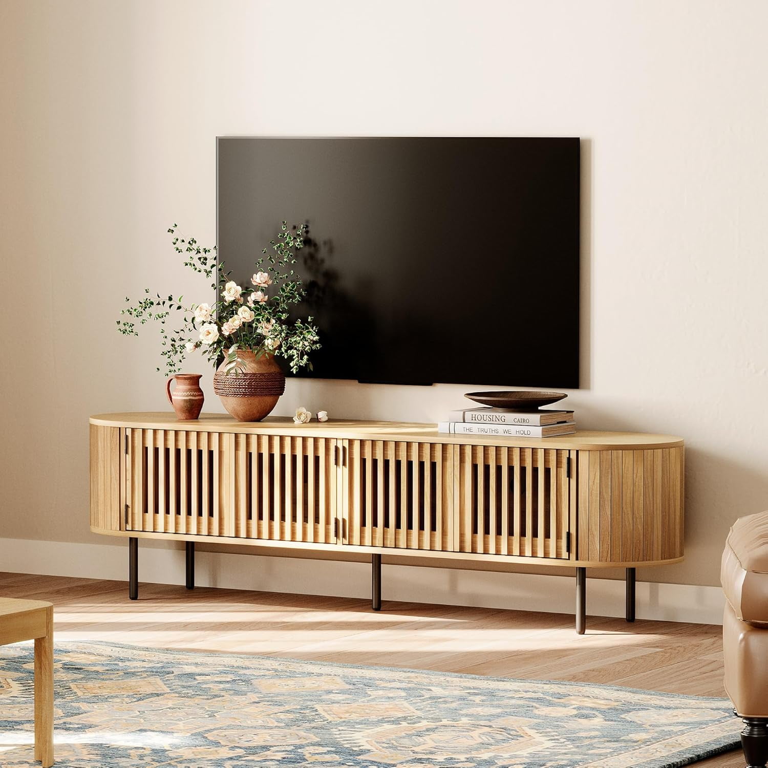 Fluted TV Stand, Wood Media Console for TVs up to 75”, Curved Round ...