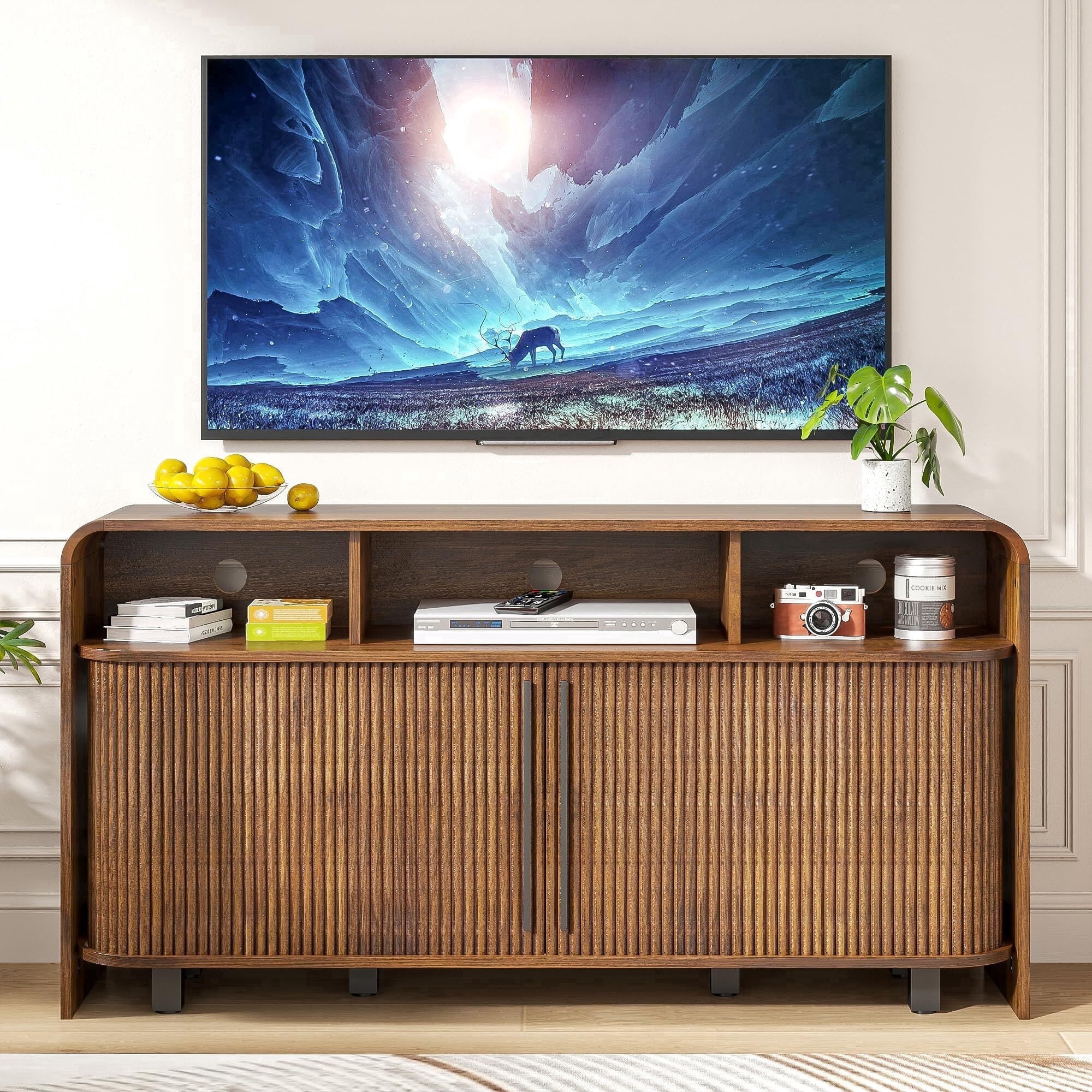 Fluted TV Stand for 55-65" TV, Small Mid Century Modern Media Console ...