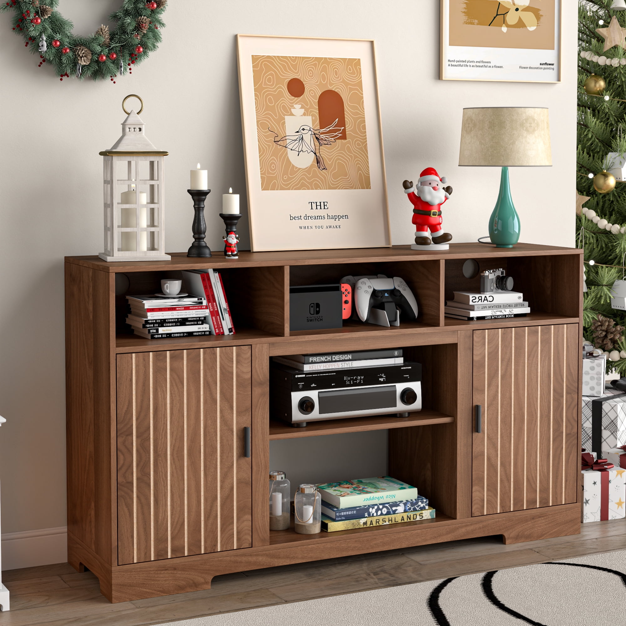 Fluted TV Stand with Charging Station, Modern Entertainment Center ...