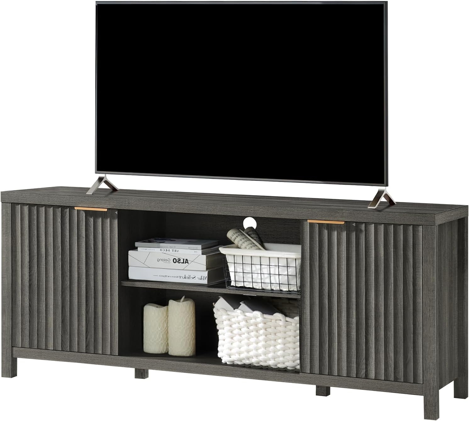 Fluted TV Stands for Living Room, Heavy Duty Entertainment Center with Storage, Mid Century ...
