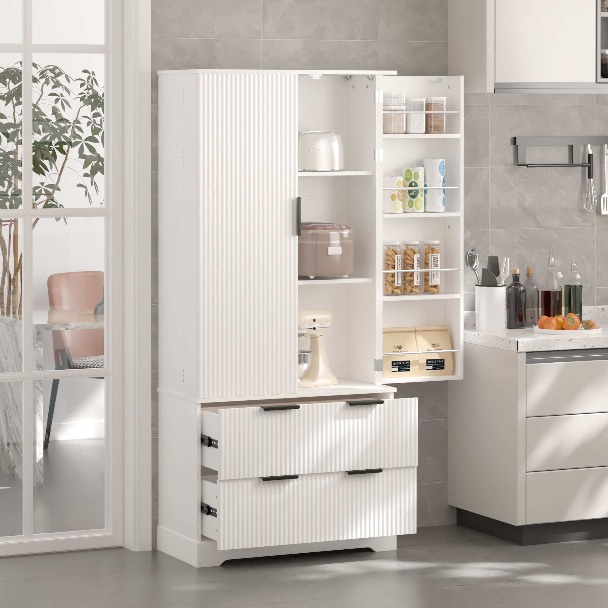 Fluted Texture Farmhouse Pantry Storage with 2 Large Drawers, Tall ...