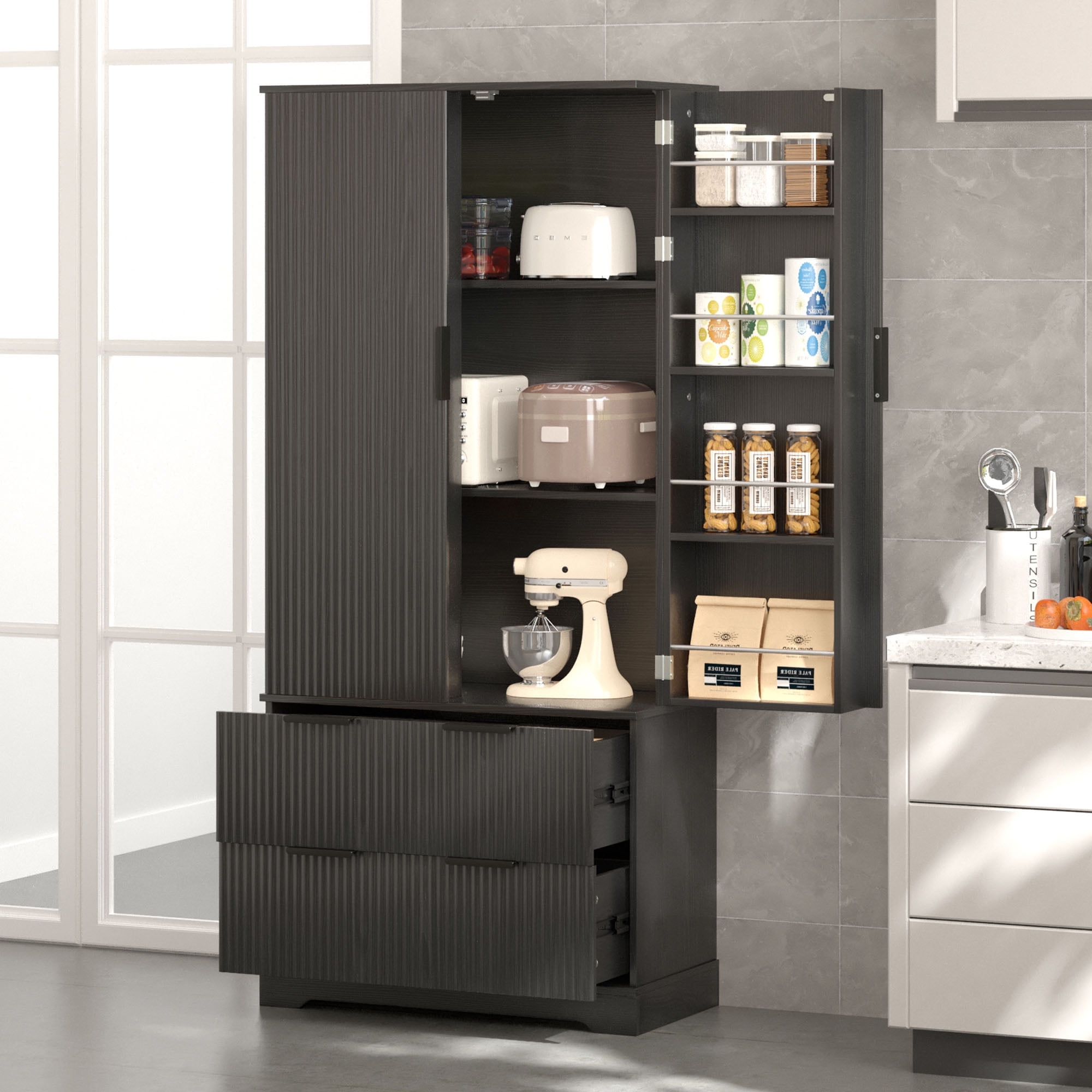Fluted Texture Farmhouse Pantry Storage with 2 Large Drawers, Tall ...