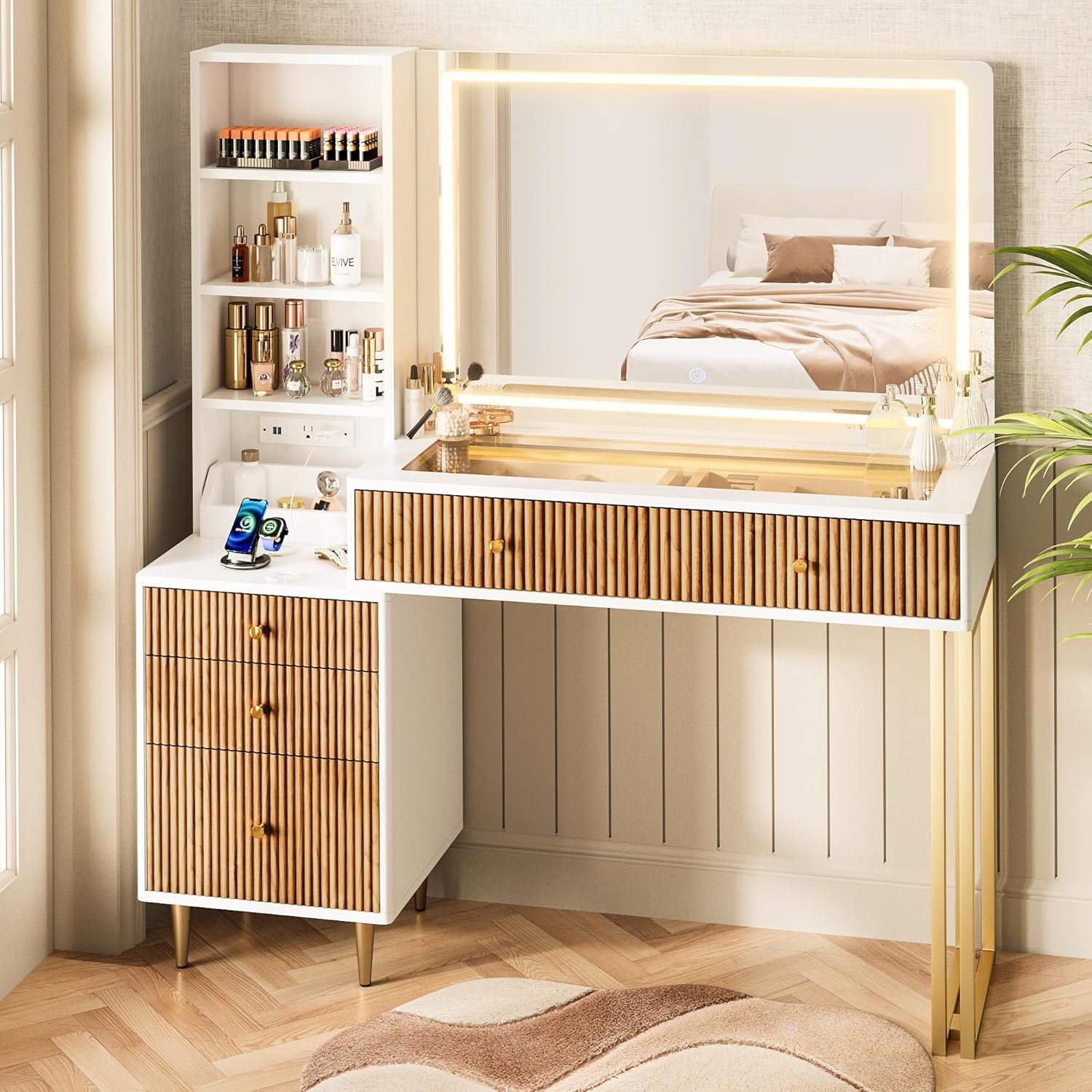 Fluted Vanity Desk with 32'' HD Mirror and Lights, 44''/w Modern Glass ...