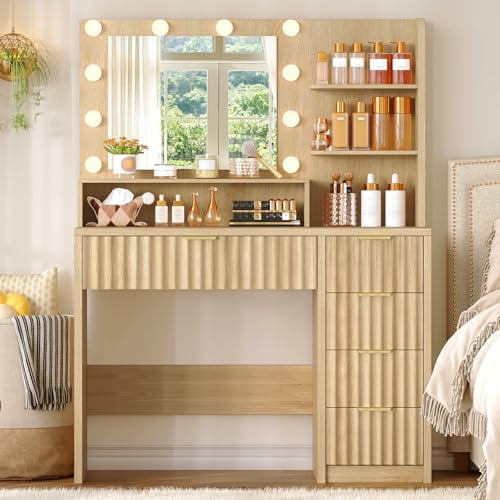 Fluted Vanity Desk with Mirror and Adjustable LED Lights, Makeup Vanity ...