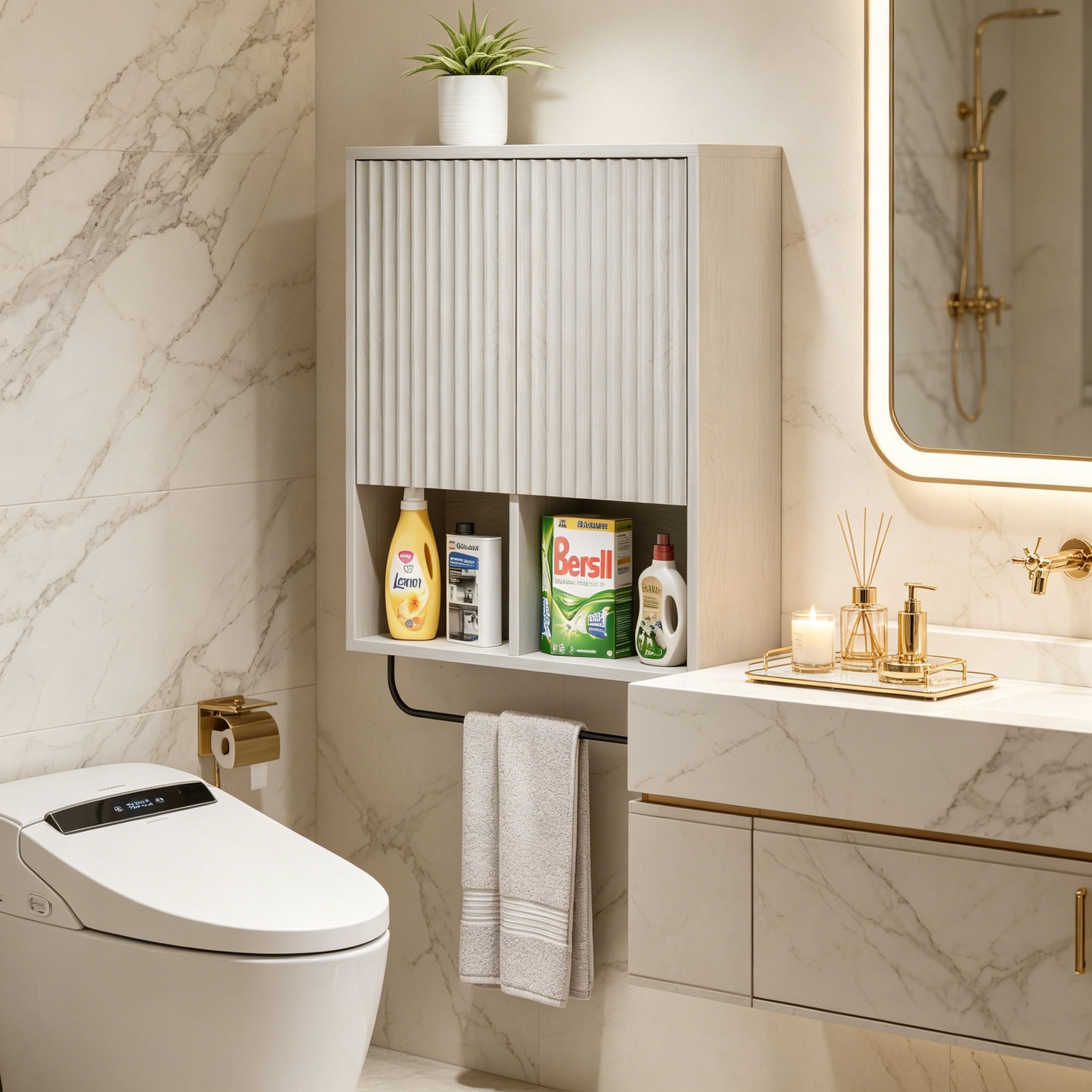 Fluted Wall Cabinet, Modern Medicine Cabinet with Doors and Adjustable ...