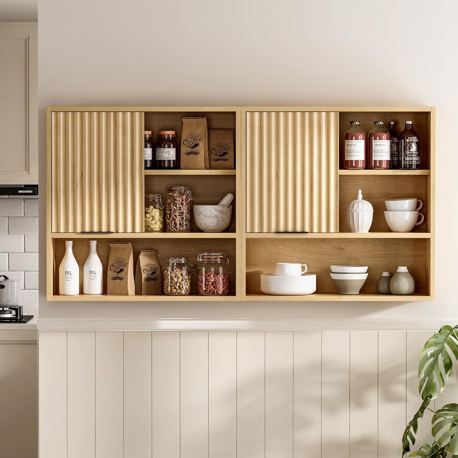 Fluted Wall Storage Cabinet Set of 2, Wooden Medicine Cabinet with ...