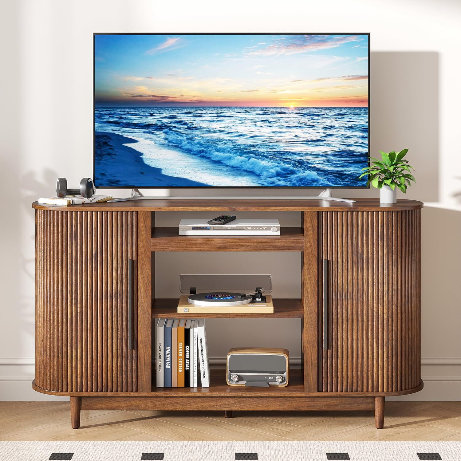 Fluted Walnut TV Stand with Storage, Fits 70" TV, Rustic Tall Media ...