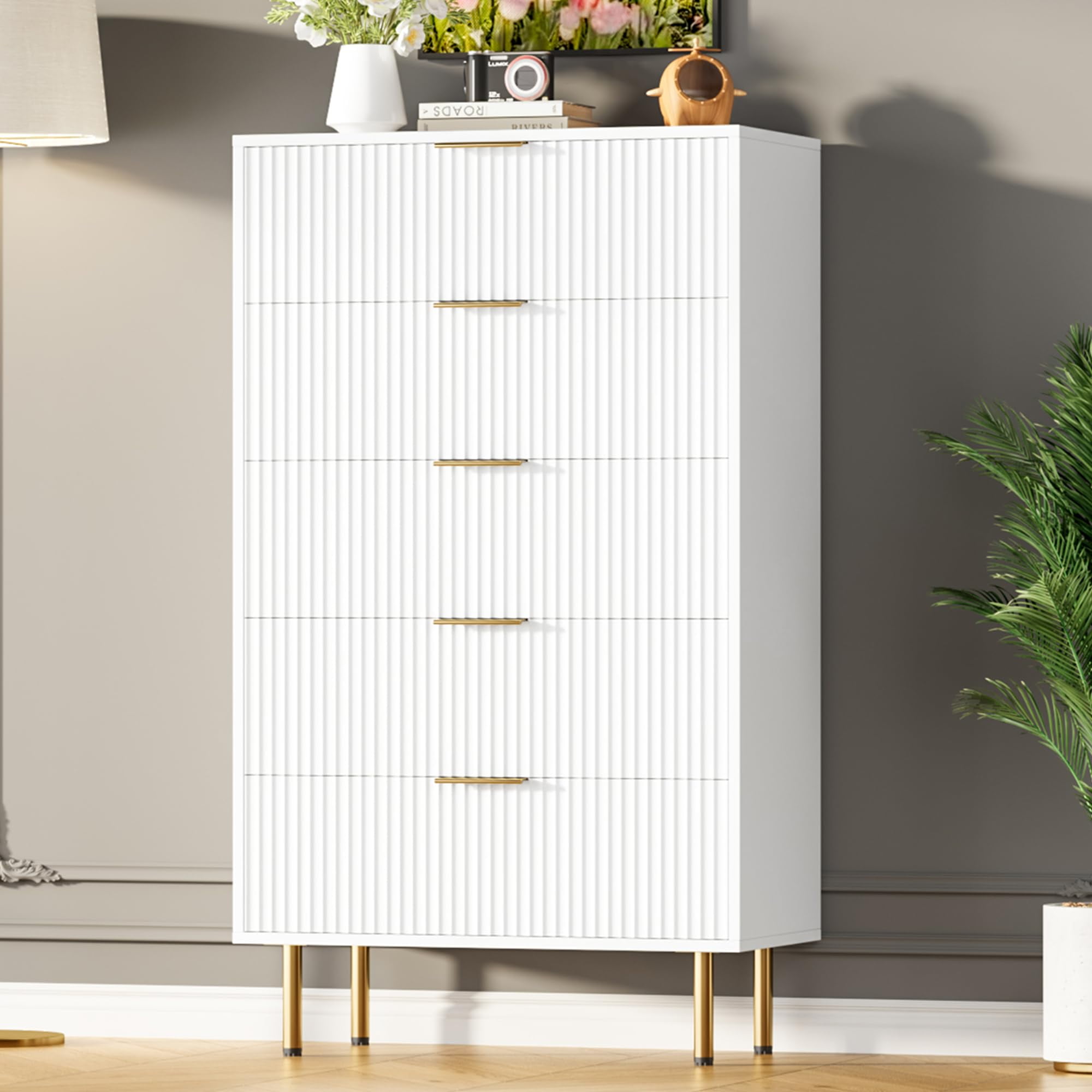 Fluted Wood Dresser 5 Drawers Dresser for Bedroom, Modern Chest of ...