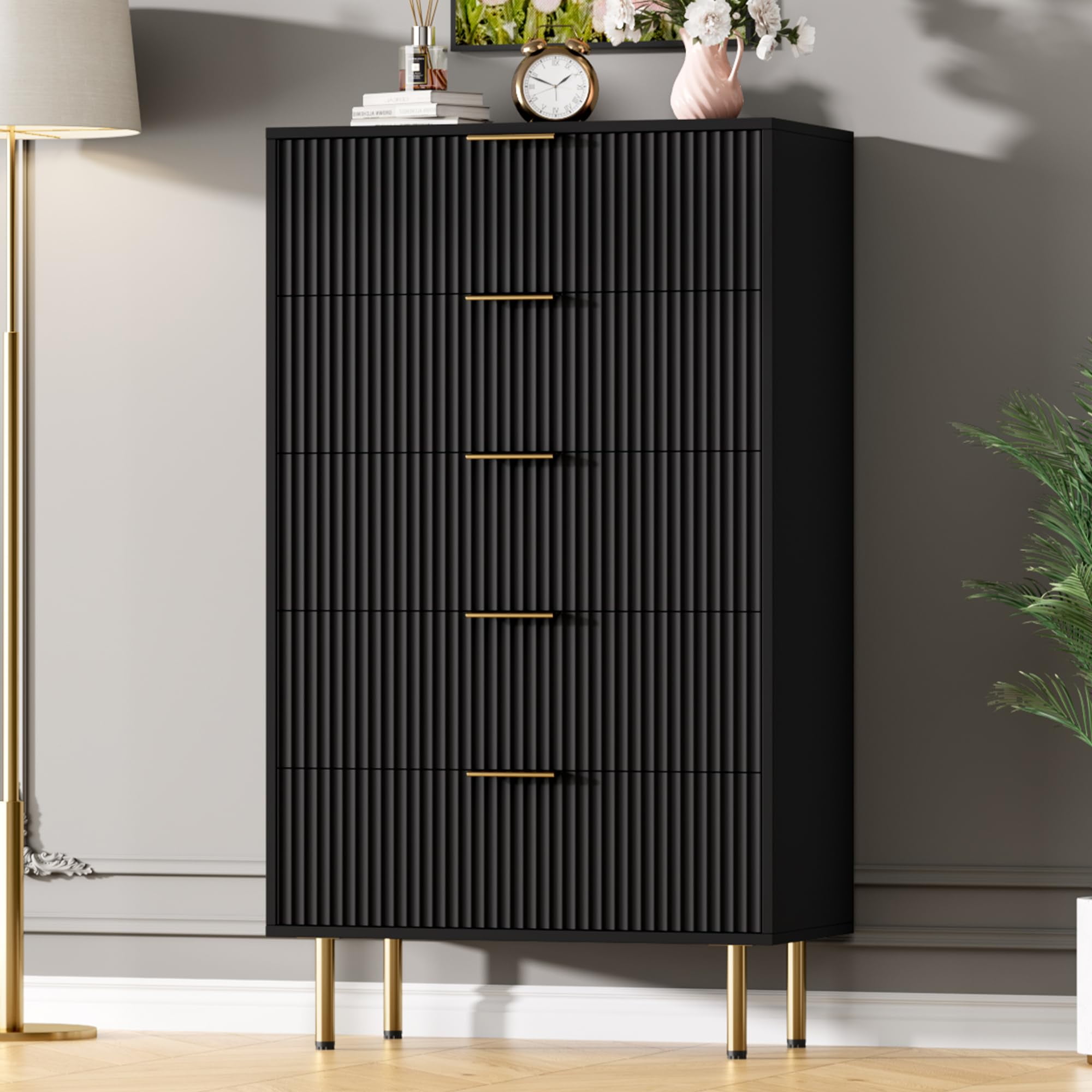 Fluted Wood Dresser 5 Drawers Dresser for Bedroom, Modern Chest of ...