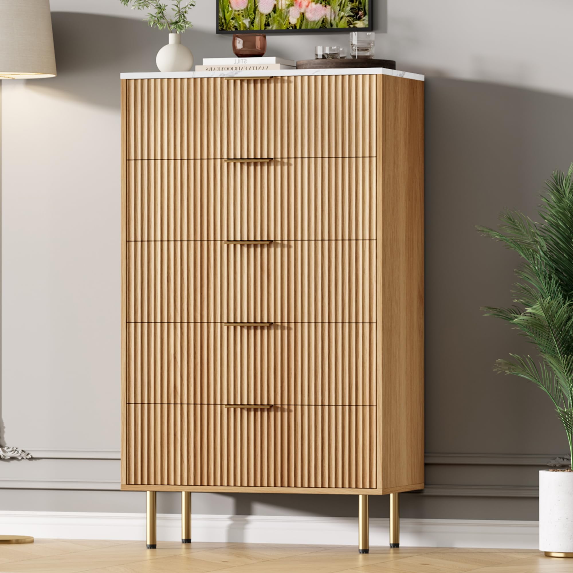 Fluted Wood Dresser 5 Drawers Dresser for Bedroom, Modern Chest of ...