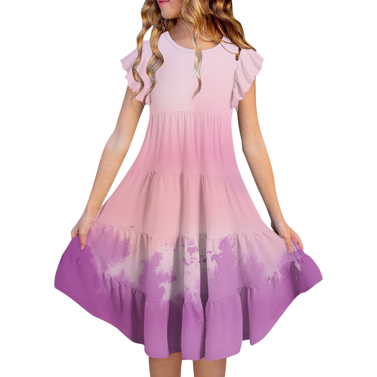 Flutter Sleeve Dress 12-13 Years Gradient Color Dresses Summer Dresses ...