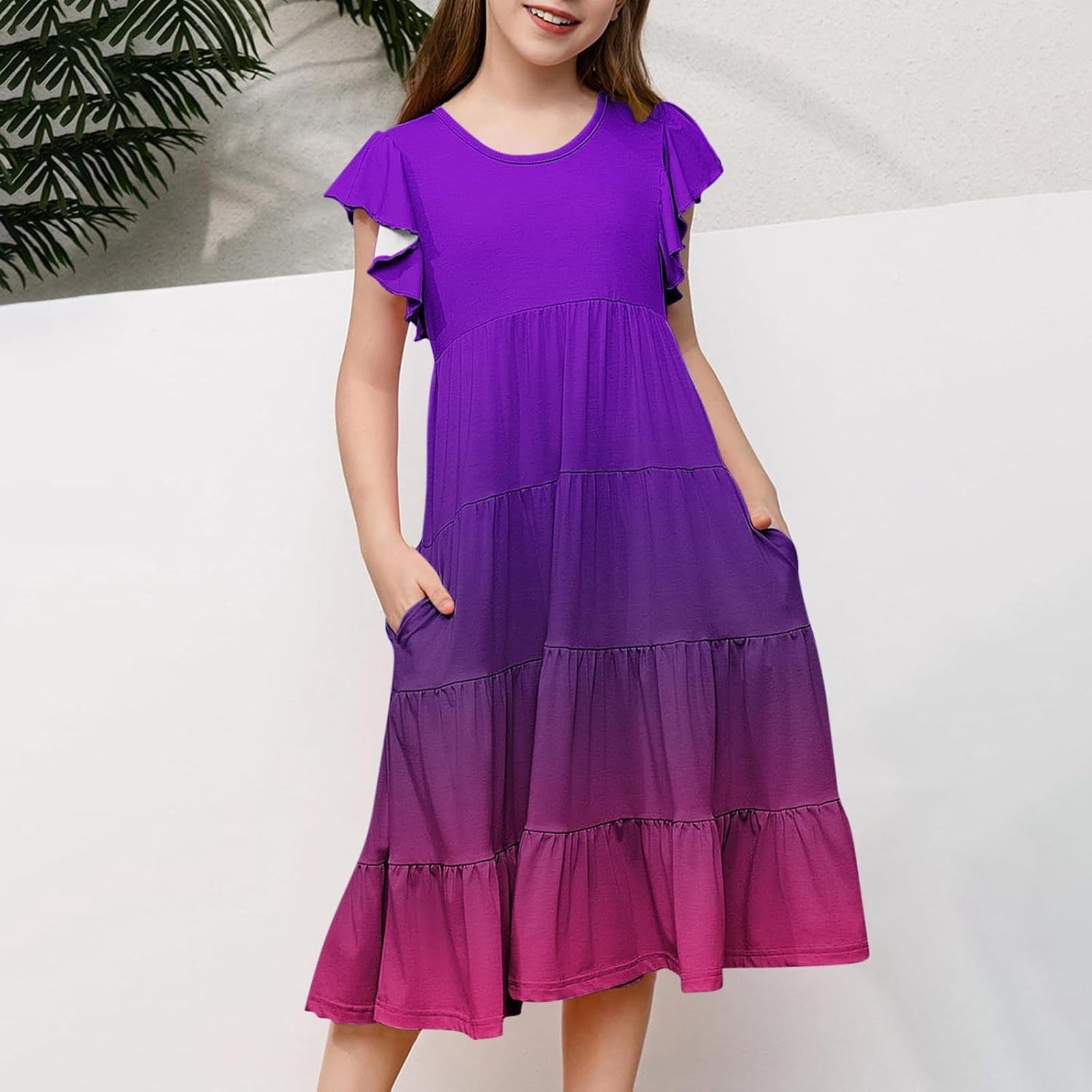 Flutter Sleeve Dress 8-9 Years Gradient Color Dresses Summer Dresses ...