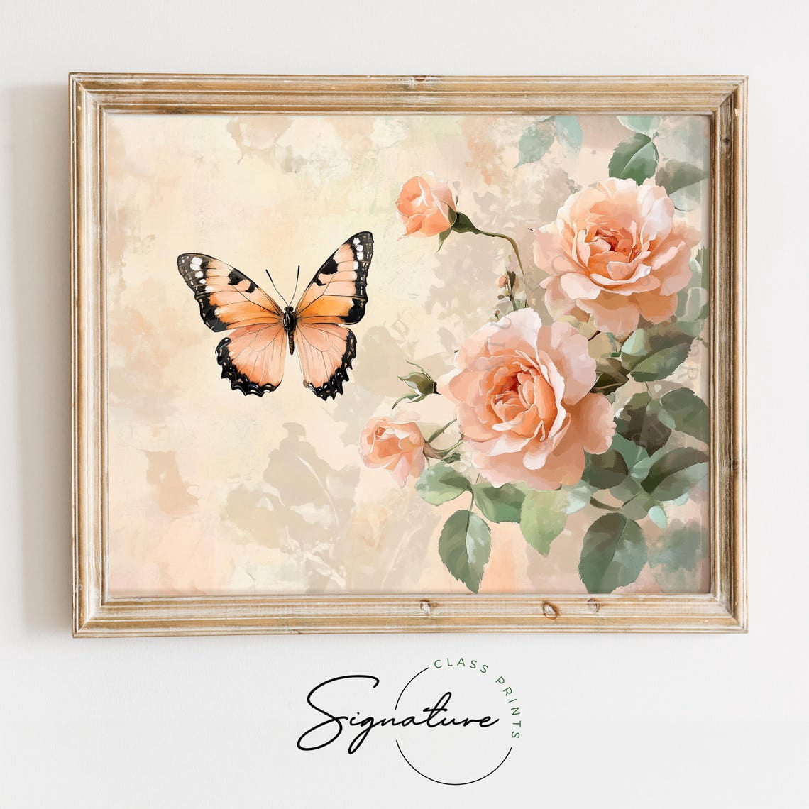 Fluttering Butterfly With Peach Blooms Vintage Insect Art Pastel Shabby ...