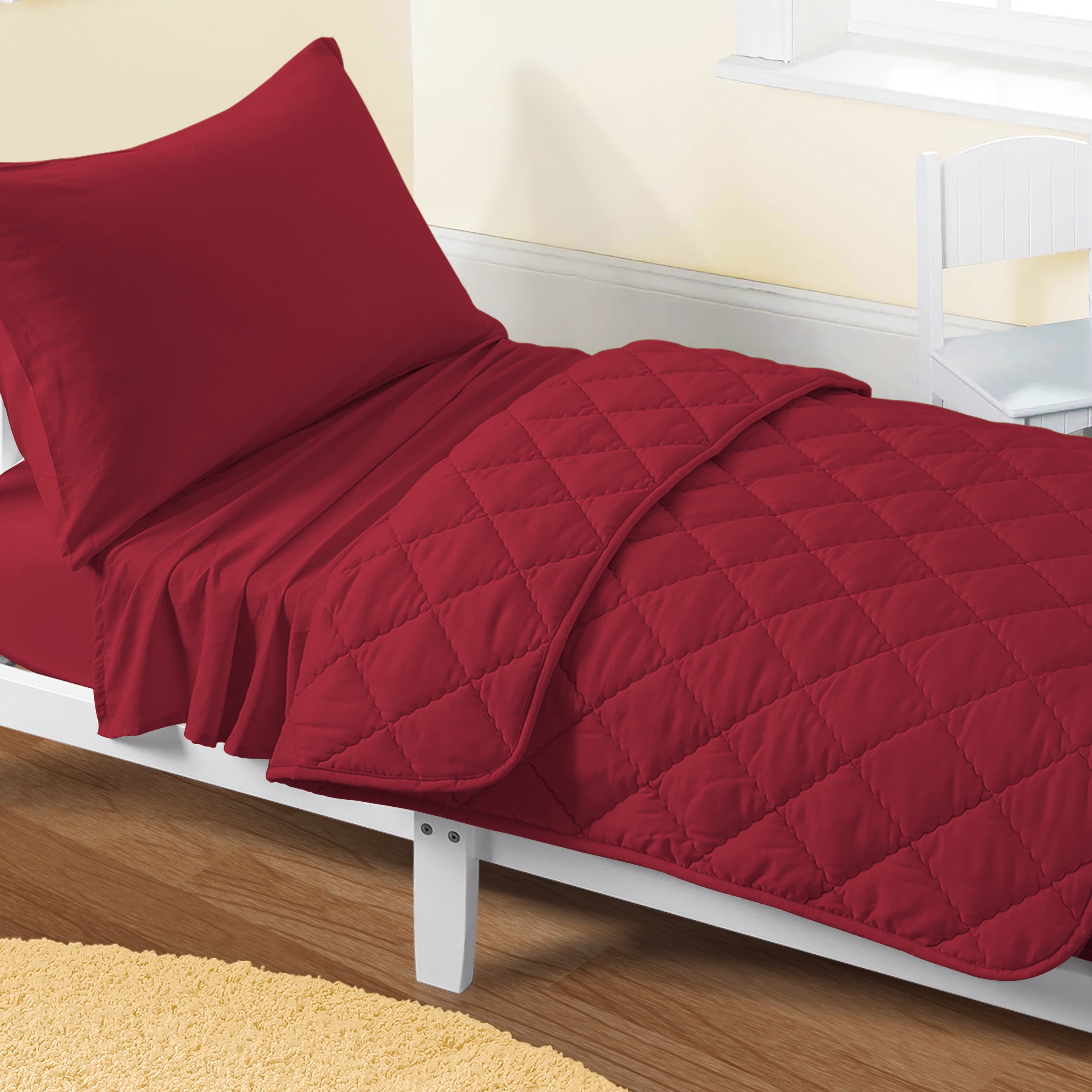 Flxxie 4-Piece Toddler Bedding Set, Wine Red Microfiber Includes ...