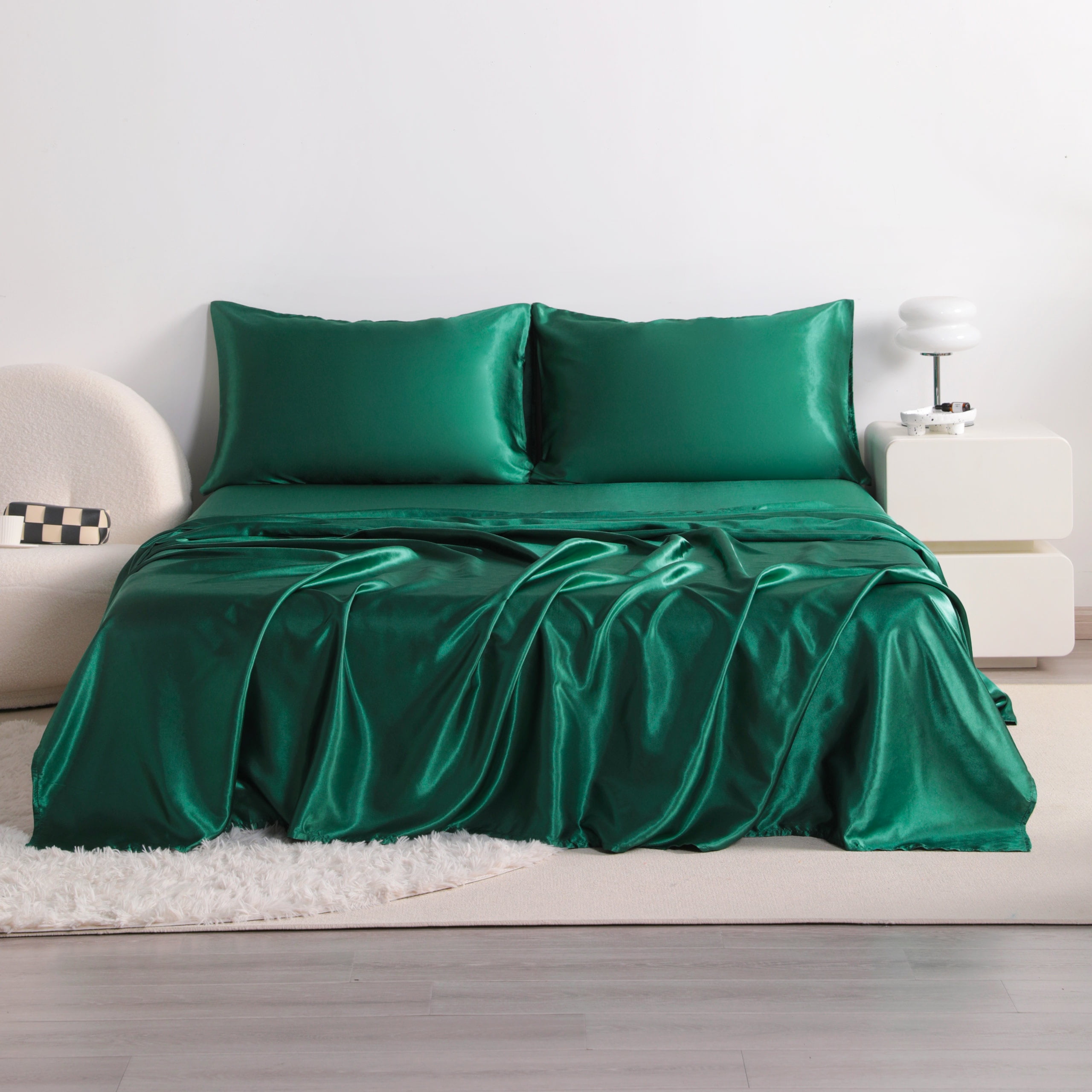 Flxxie Silky Satin Cooling Bed Sheet Set, Full, Dark Green, 4 Pieces ...
