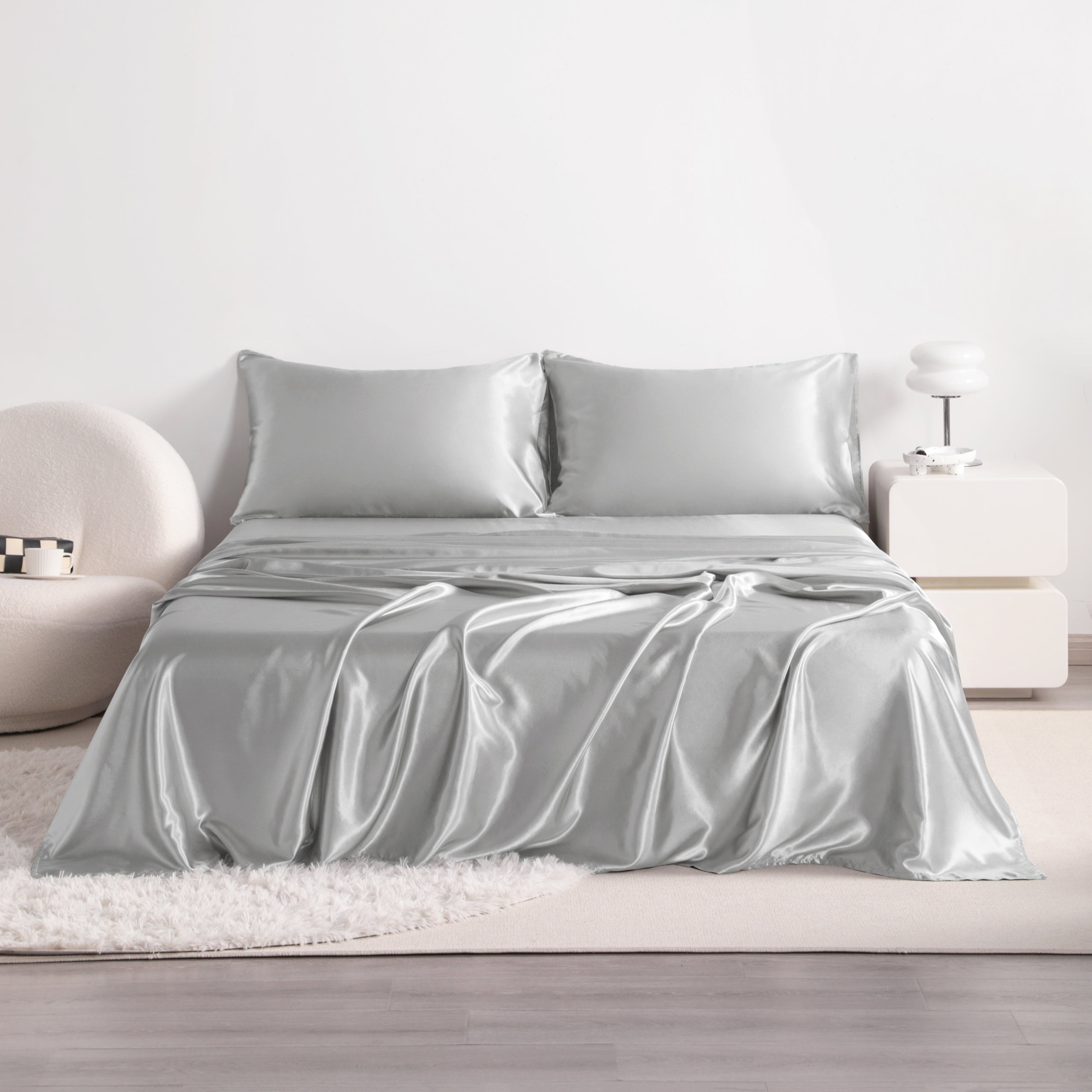 Flxxie Silky Satin Cooling Bed Sheet Set, Full, Silver Grey, 4 Pieces ...