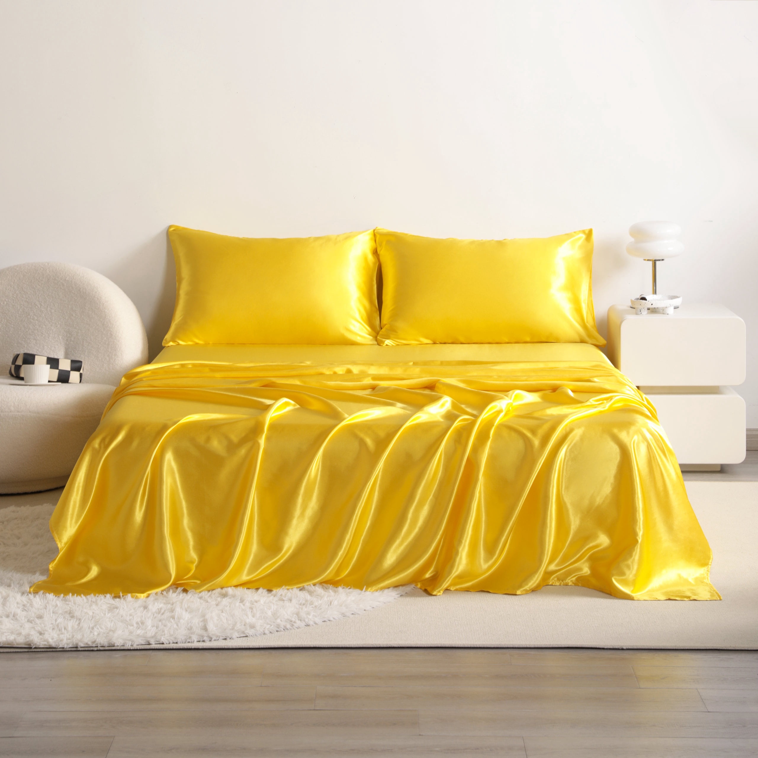 Flxxie Silky Satin Cooling Bed Sheet Set, Full, Yellow, 4 Pieces ...