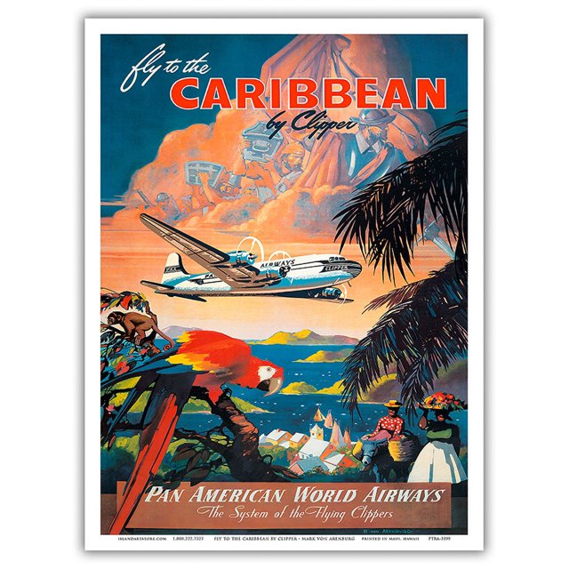 Fly to the Caribbean by Clipper - Pan American World Airways - Vintage Airline Travel Poster by ...