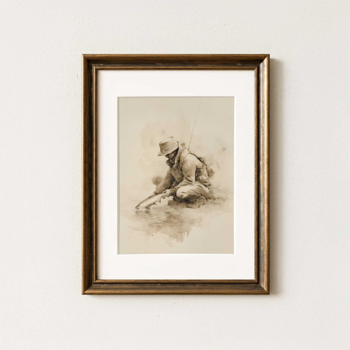 Fly Fishing Art Print, Fisherman With Trout, Rustic Cabin Wall Art ...