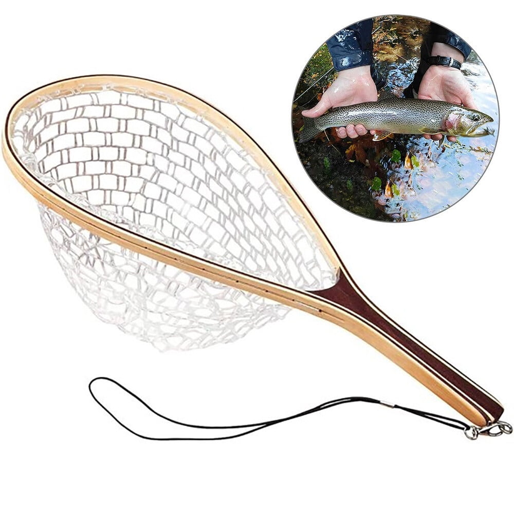 Fly Fishing Landing Net, Wooden Frame Fish Net with Soft Rubber Mesh ...