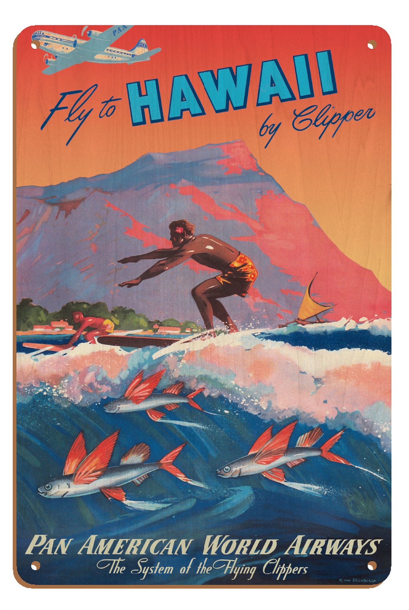 Fly To Hawaii by Clipper - Surfer Diamond Head Crater - Vintage Airline ...