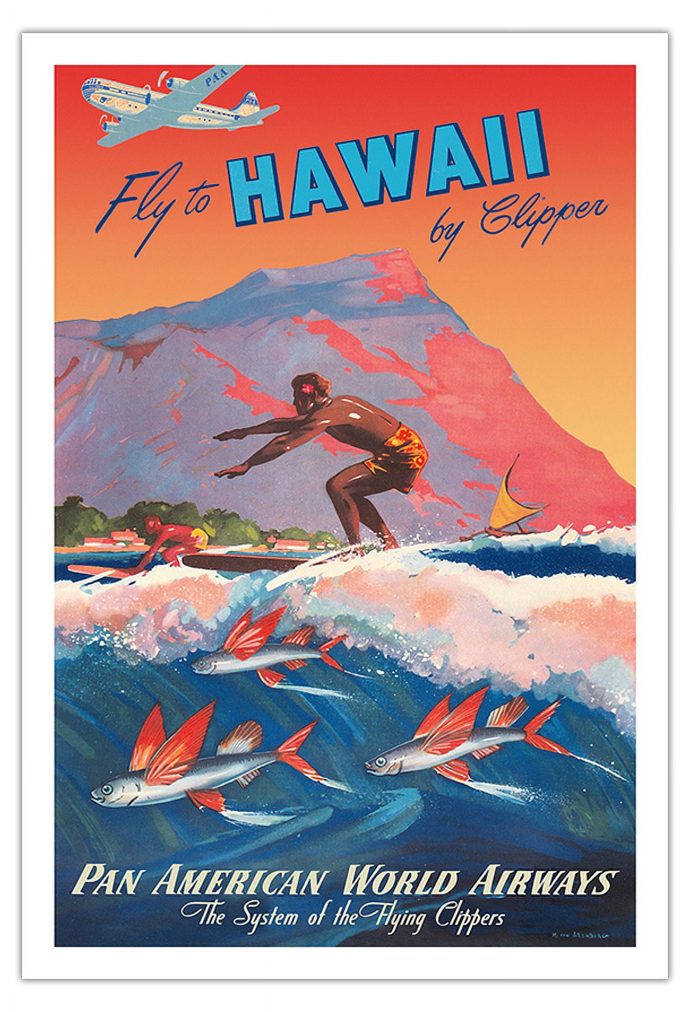 Fly To Hawaii by Clipper - Surfer Diamond Head Crater - Vintage Airline ...