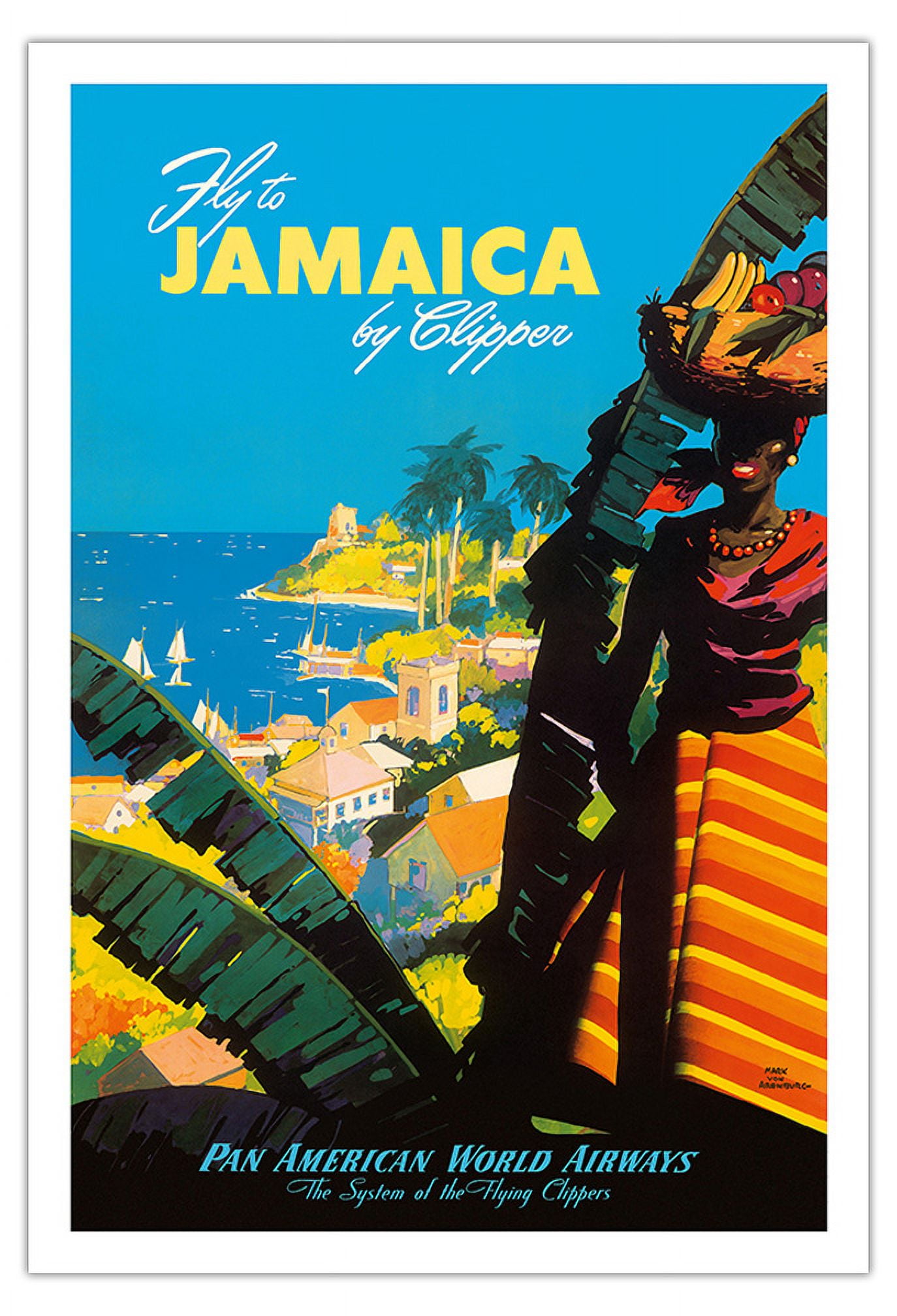 Fly to - Jamaica - by Clipper - Pan American World Airways - Vintage Airline Travel Poster by ...