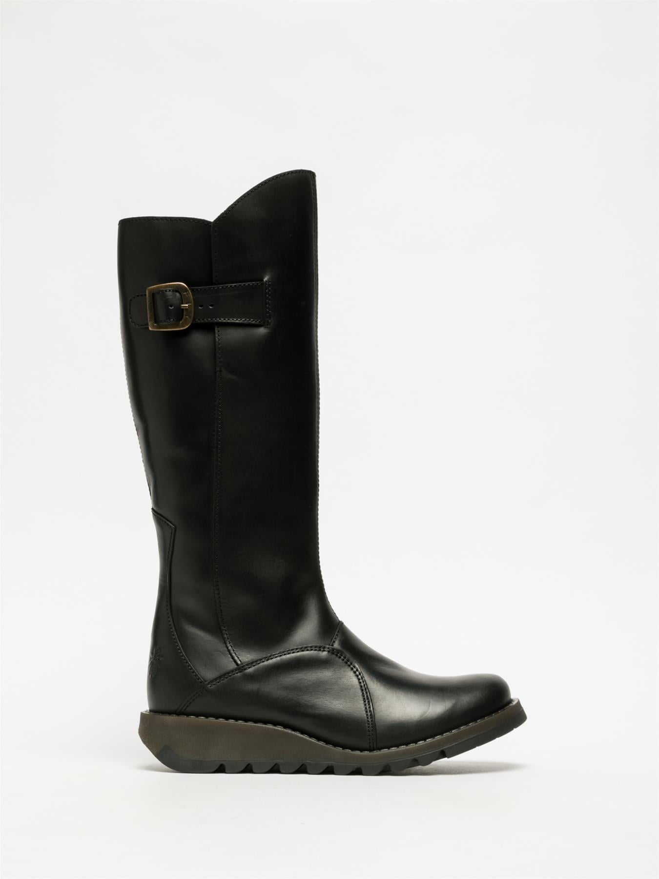 Fly London Womens Black MOL 2 Leather Wedge Heel Knee High Zip Up Boots ...