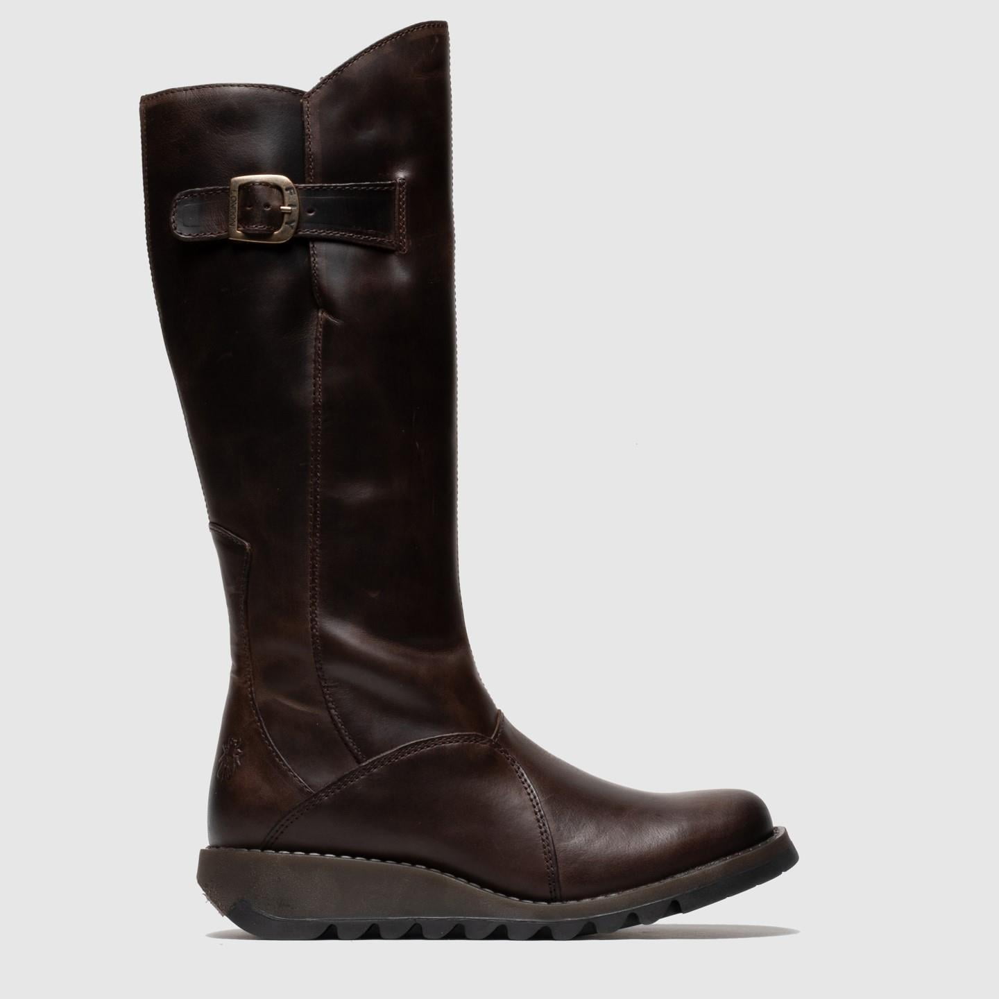 Fly London Womens Brown MOL 2 Leather Wedge Heel Knee High Zip Up Boots ...