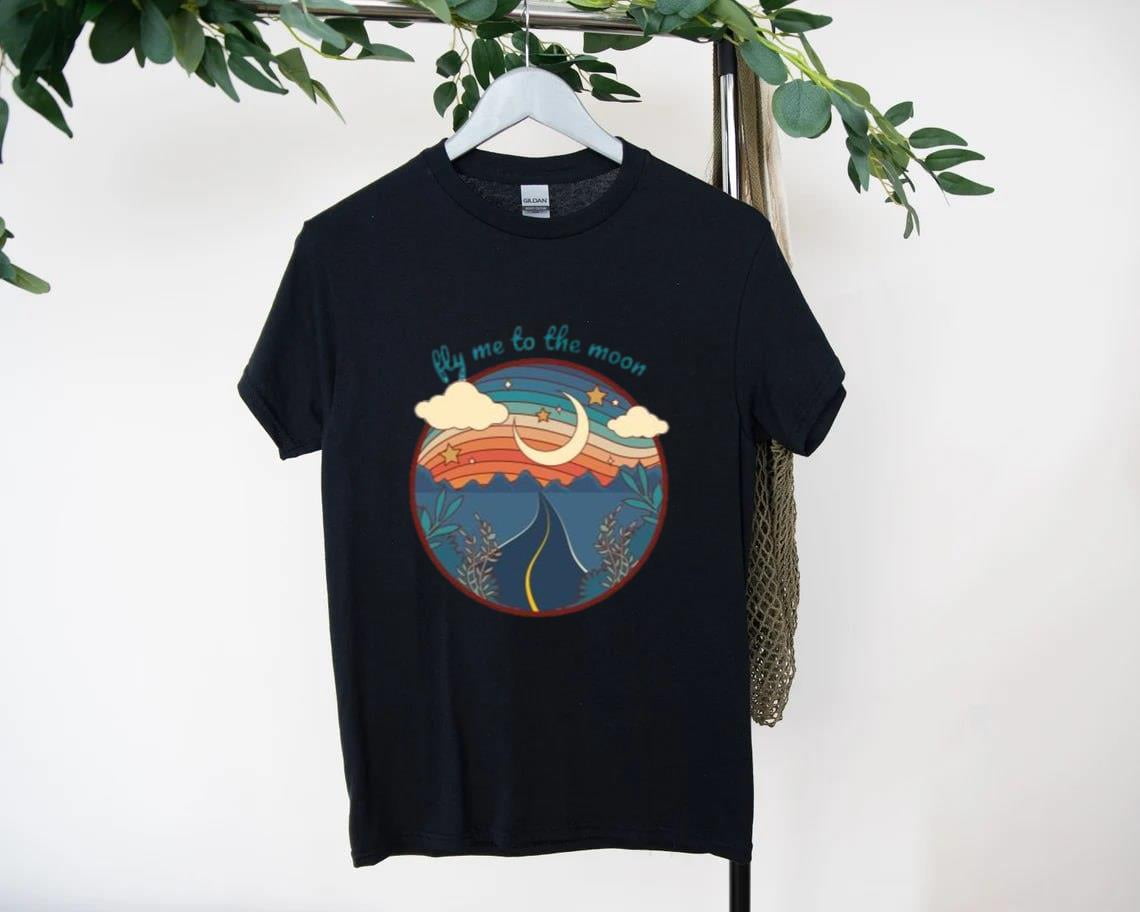 Fly Me To The Moon Retro Road Trip Adventure Vibe T-Shirt, for men & women, up to size 5XL ...