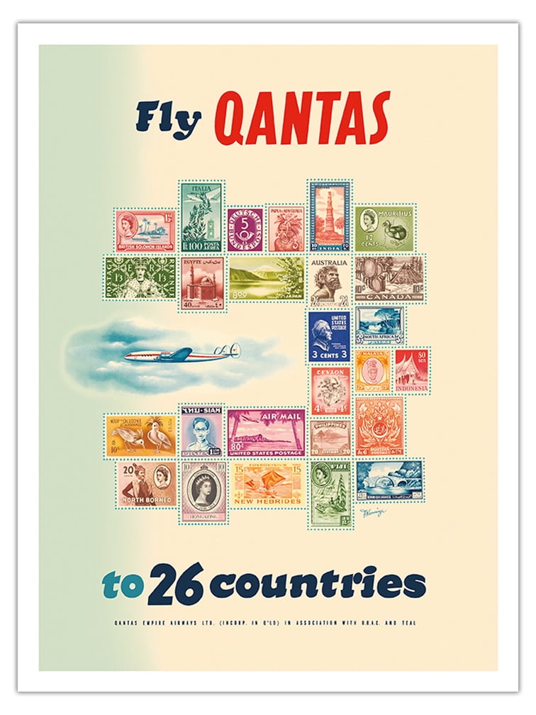 Fly Qantas to 26 Countries - Postal Stamps of the World - Vintage ...