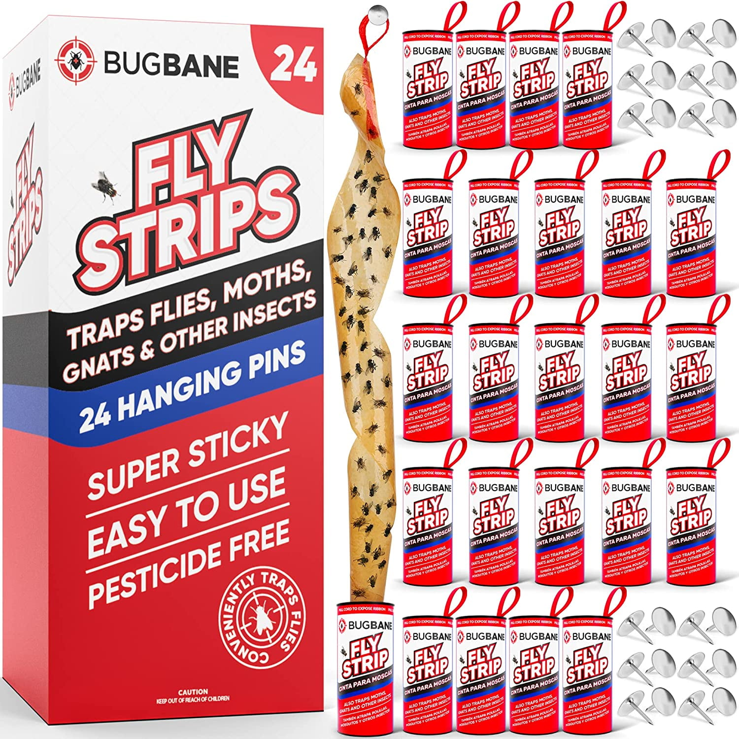 Fly Strips Indoor Sticky Hanging 24pk with Pins. Non Toxic Outdoor Fly ...