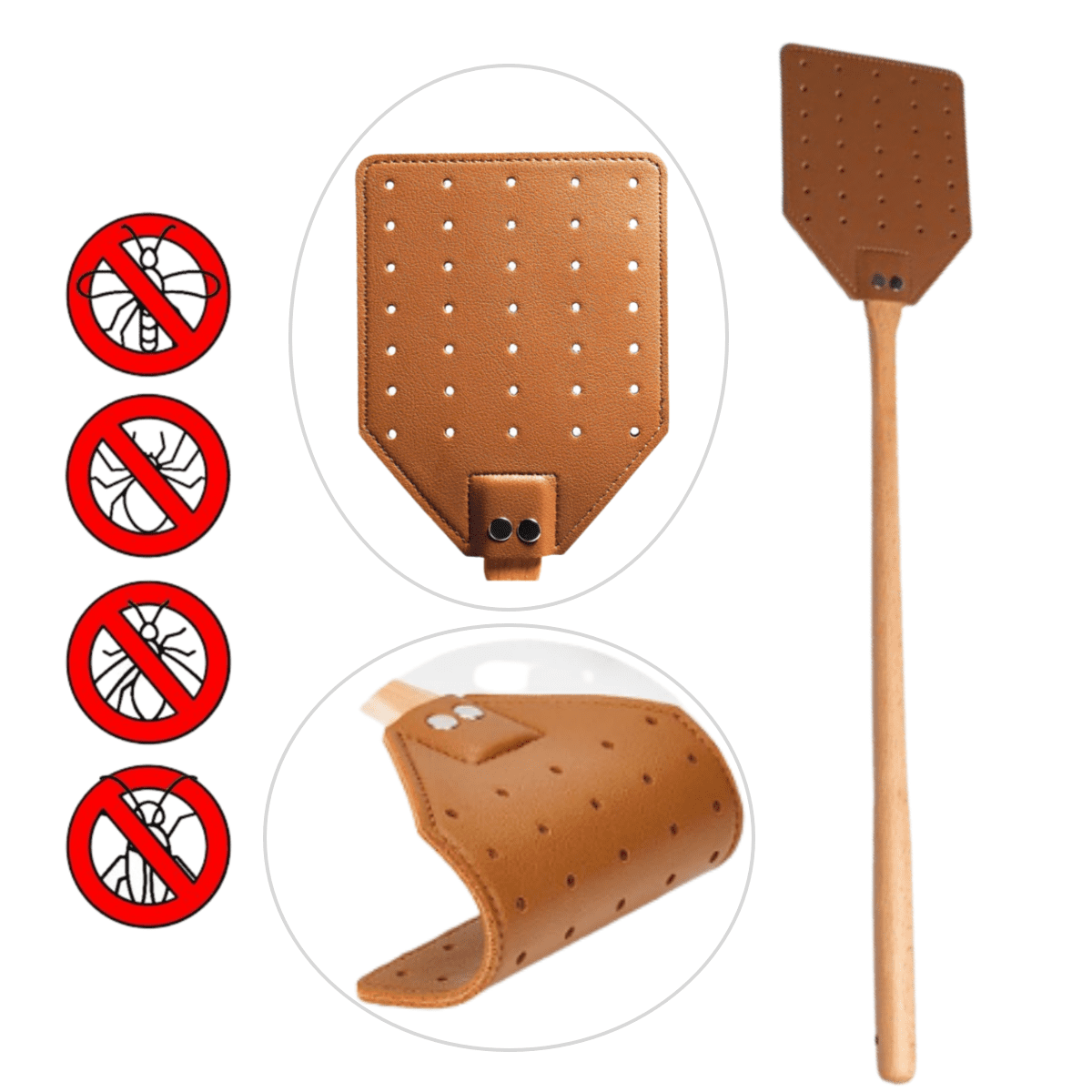 Fly Swatter,Brown Heavy Duty Leather Fly Swatter with Wood Handle 19.5 ...